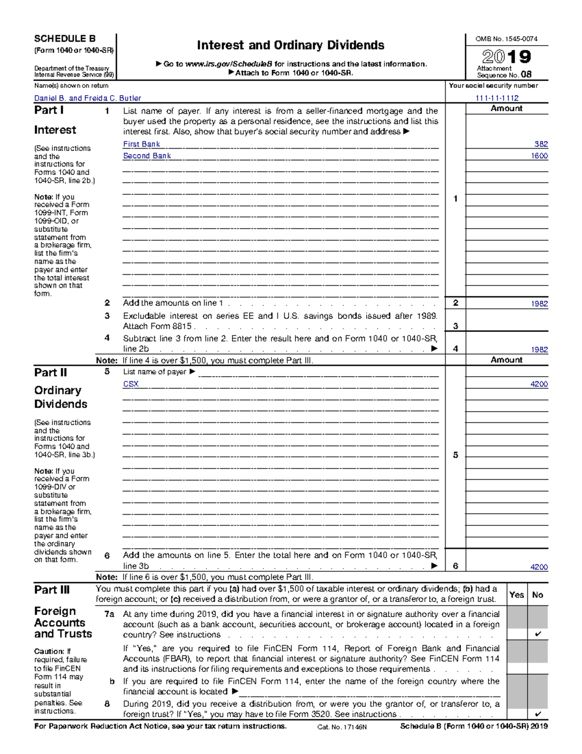 Butlers - Schedule B - document - SCHEDULE B (Form 1040 or 1040-SR ...