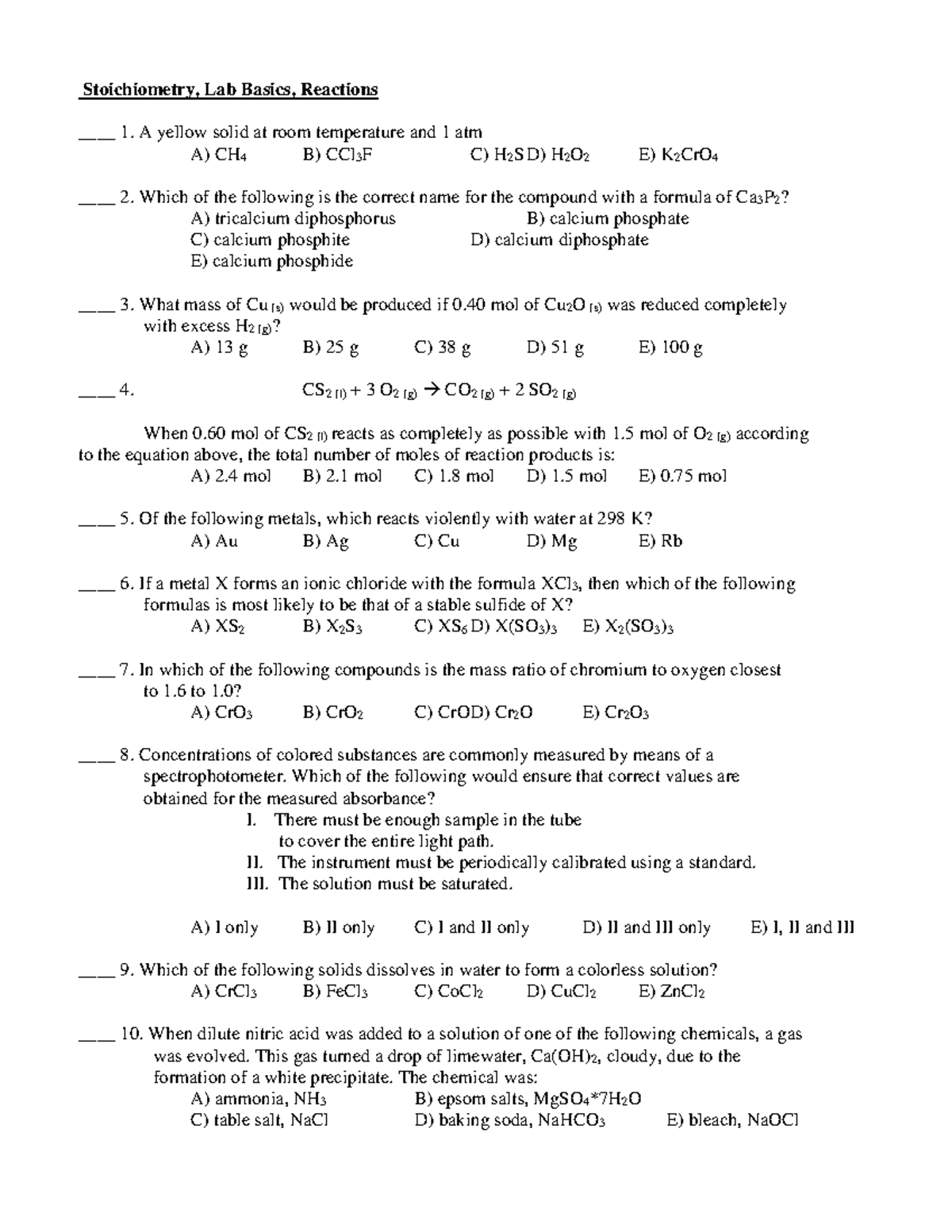 AP mastery test bank - Stoichiometry, Lab Basics, Reactions ____ 1. A ...