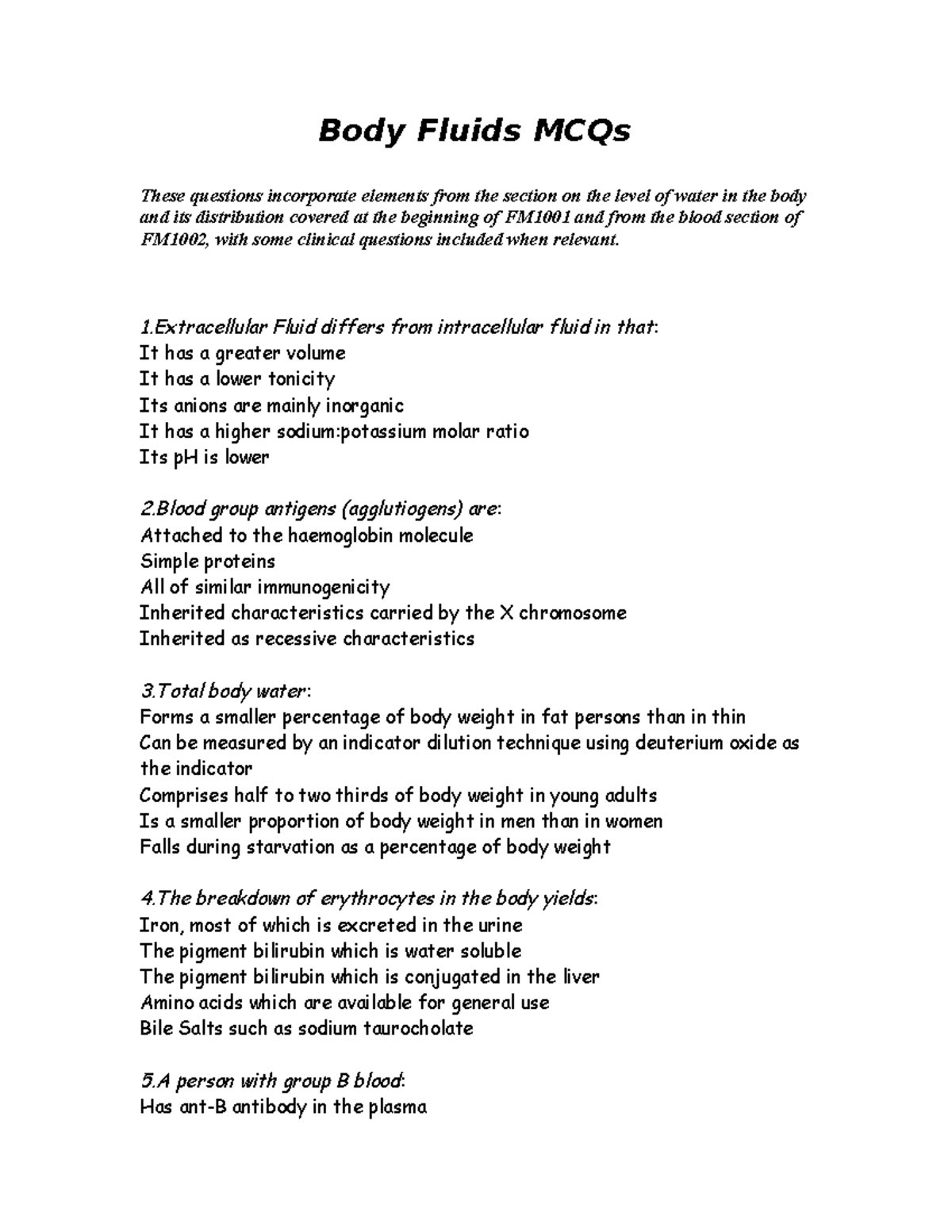 Fluids Multiple Choice Exam Qs - Body Fluids MCQs These questions ...