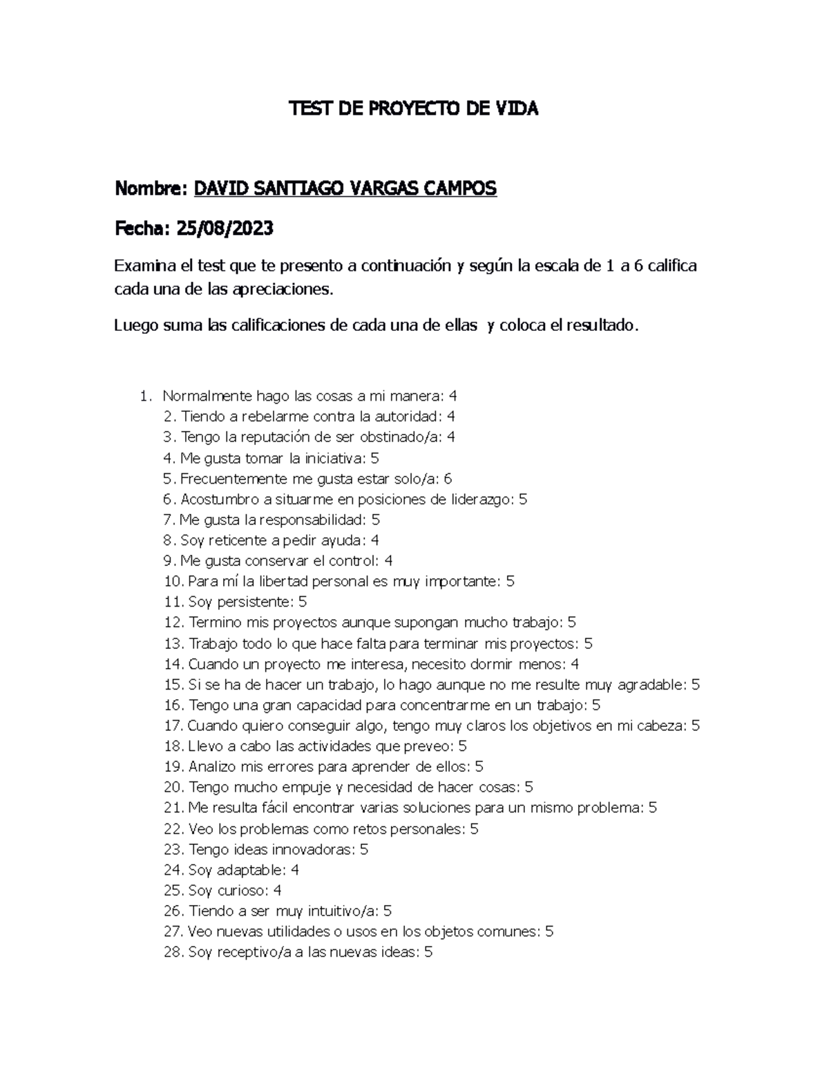 TEST DE Proyecto DE VIDA 11 - TEST DE PROYECTO DE VIDA Examina el test ...