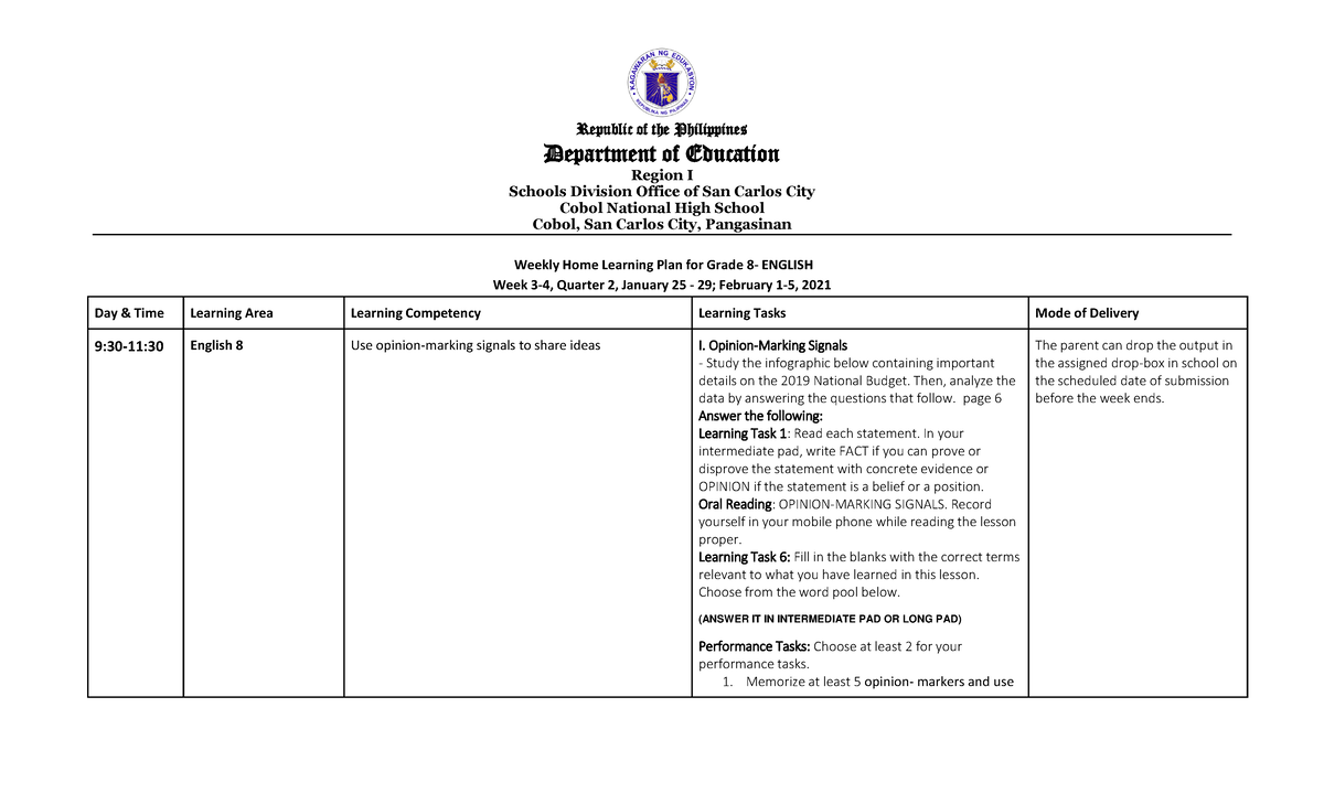Weekly Home Learning Plan English 8Q2 M3&4 - Republic of the ...