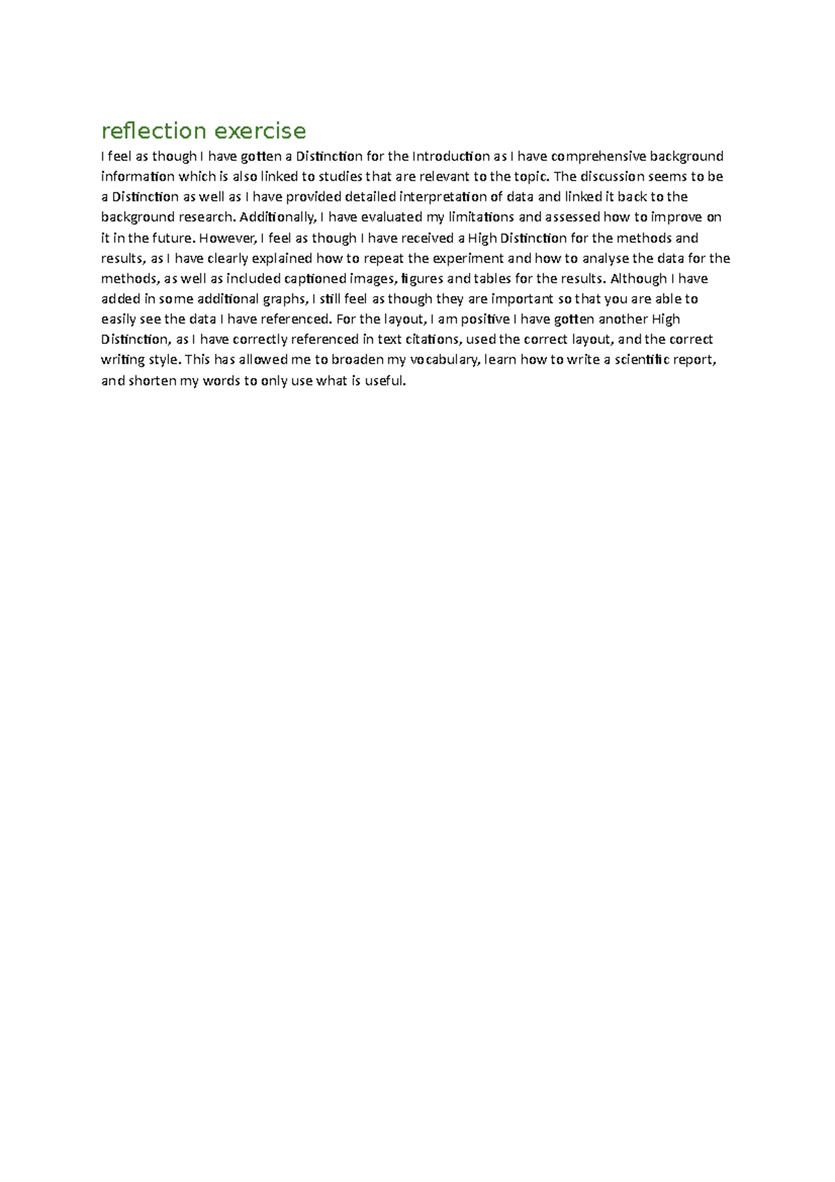 reflection and self evaluation - reflection exercise I feel as though I ...