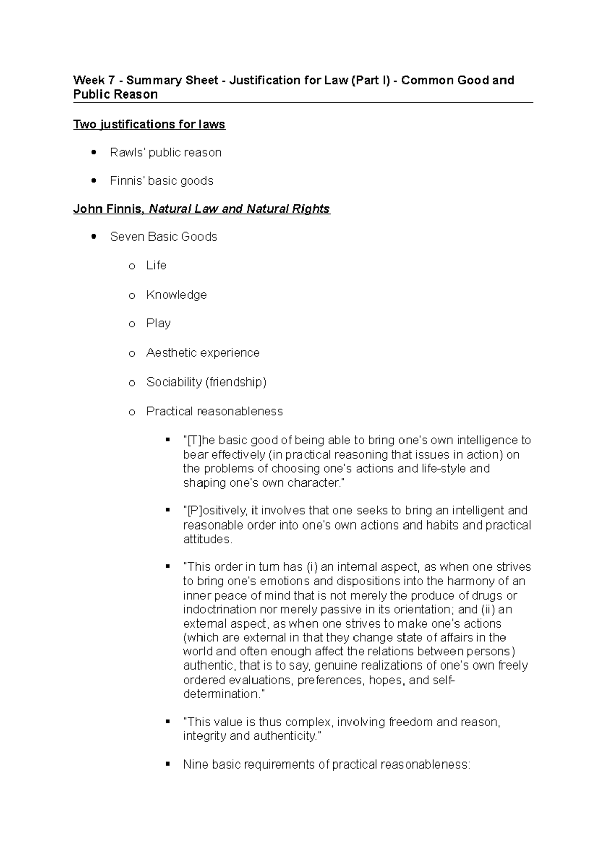Week 6 - Summary Sheet - Justification for Law (Part I) - Common Good ...