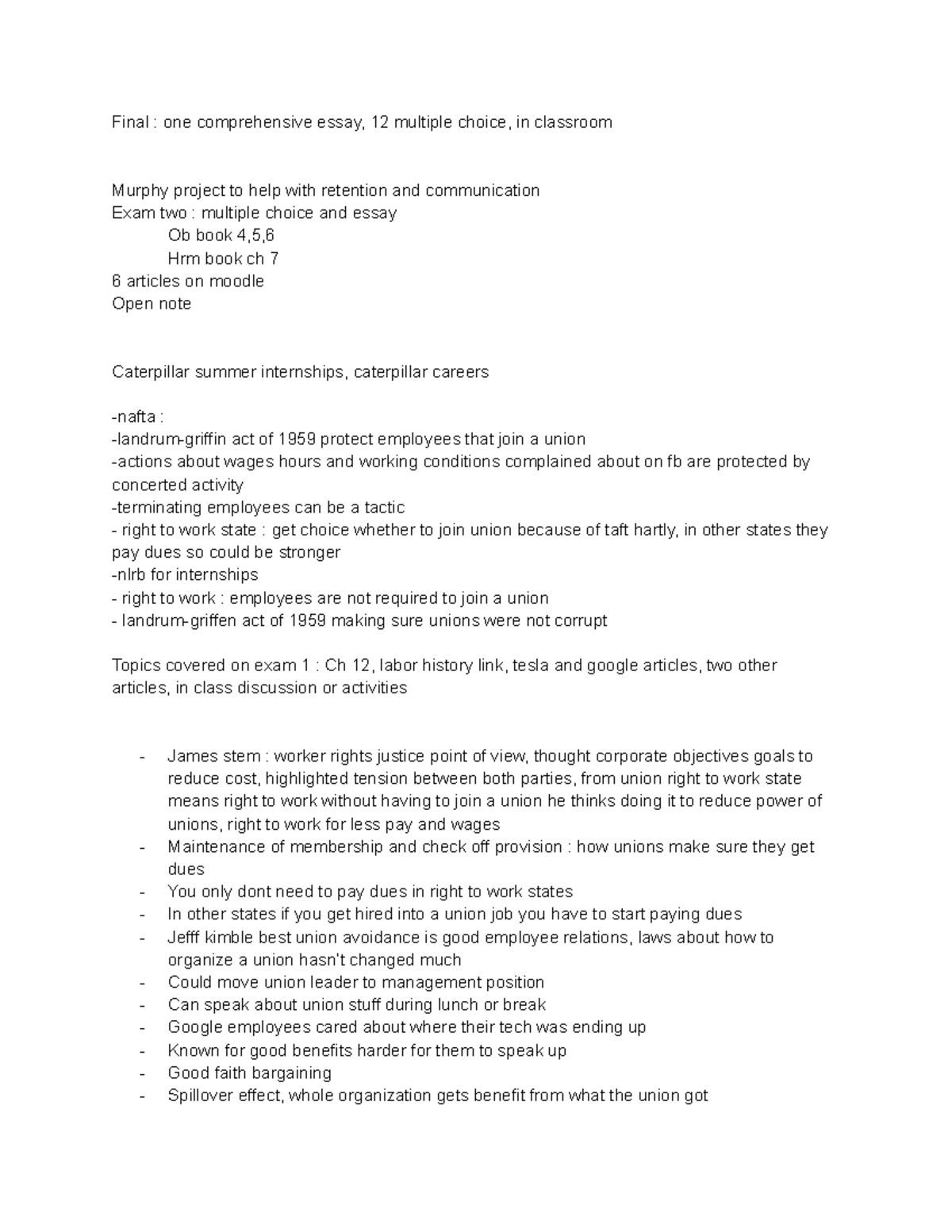 MIE 432 labor and employee relations - Final : one comprehensive essay ...