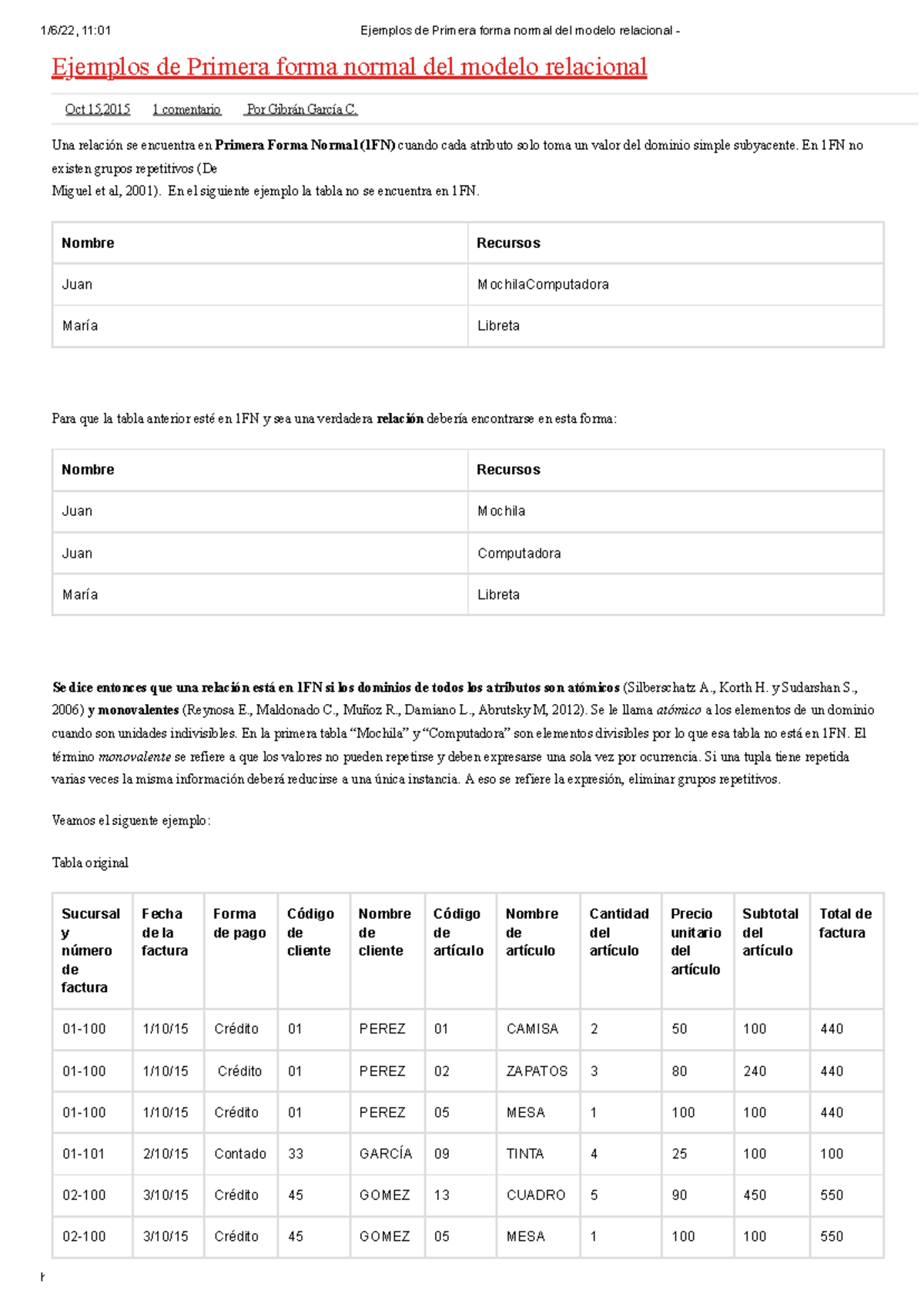 Ejemplos de Primera forma normal del modelo relacional - - Studocu