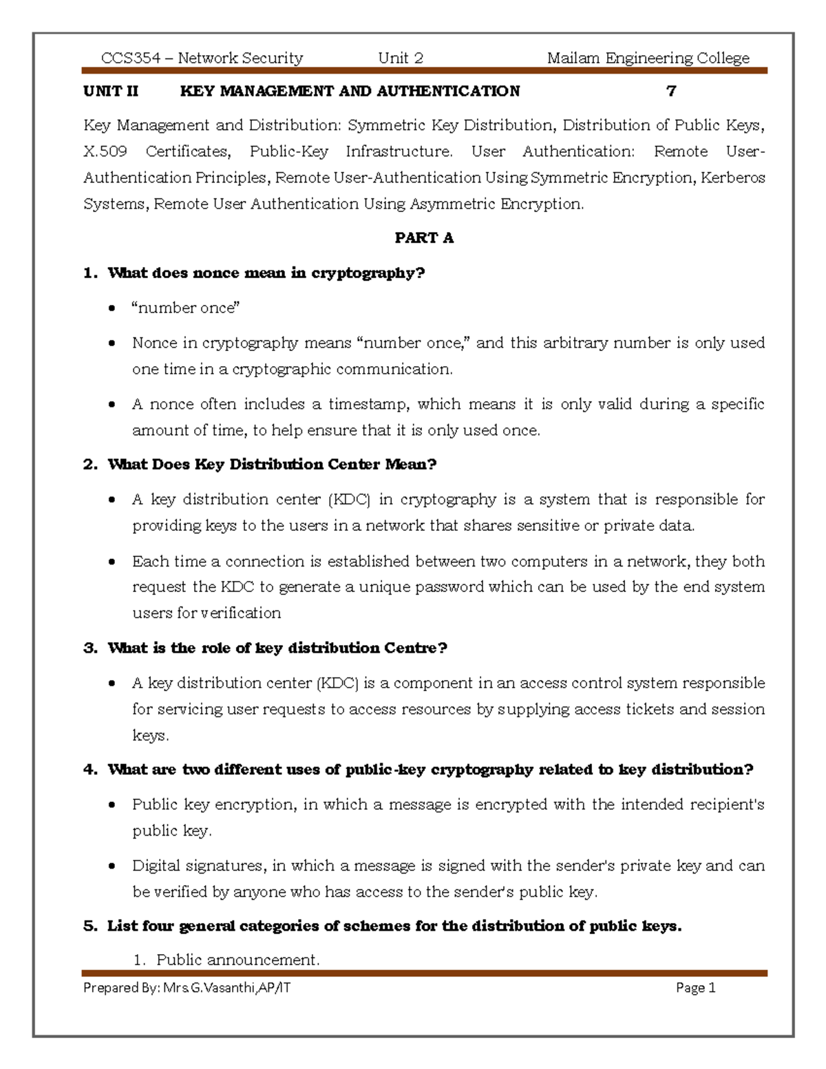 Unit II Network Security - UNIT II KEY MANAGEMENT AND AUTHENTICATION 7 Key Management and - Studocu