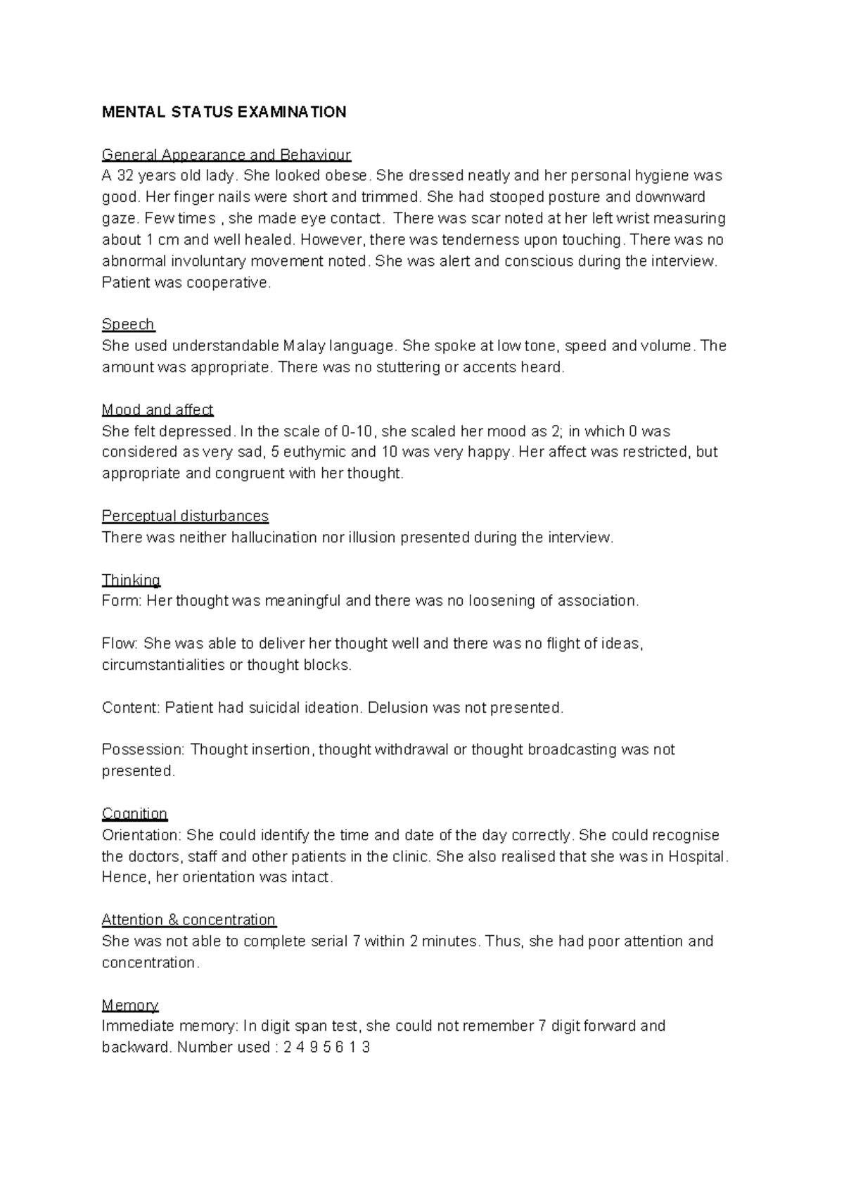 MSE script on MDD - MENTAL STATUS EXAMINATION General Appearance and ...