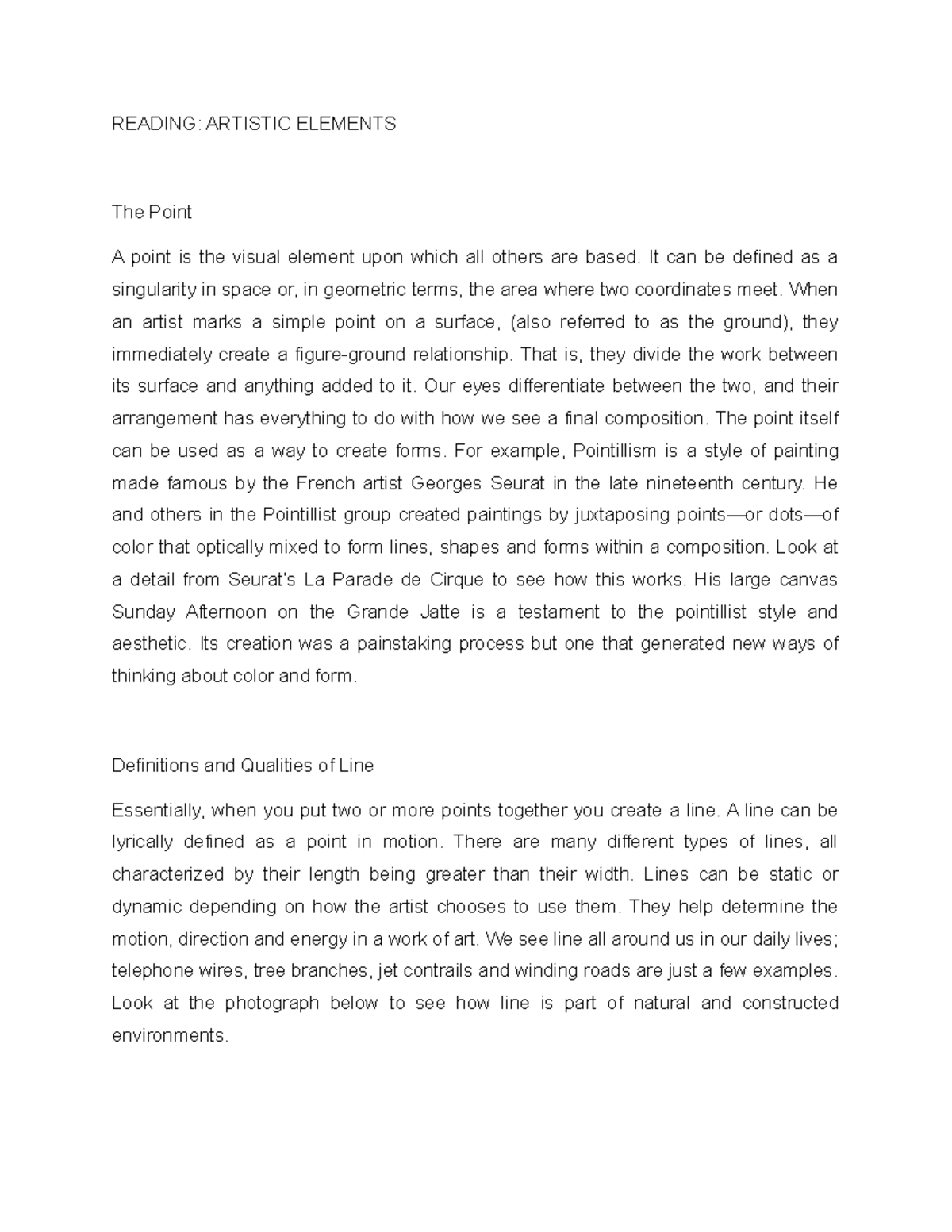 Artistic Elements - READING: ARTISTIC ELEMENTS The Point A point is the ...