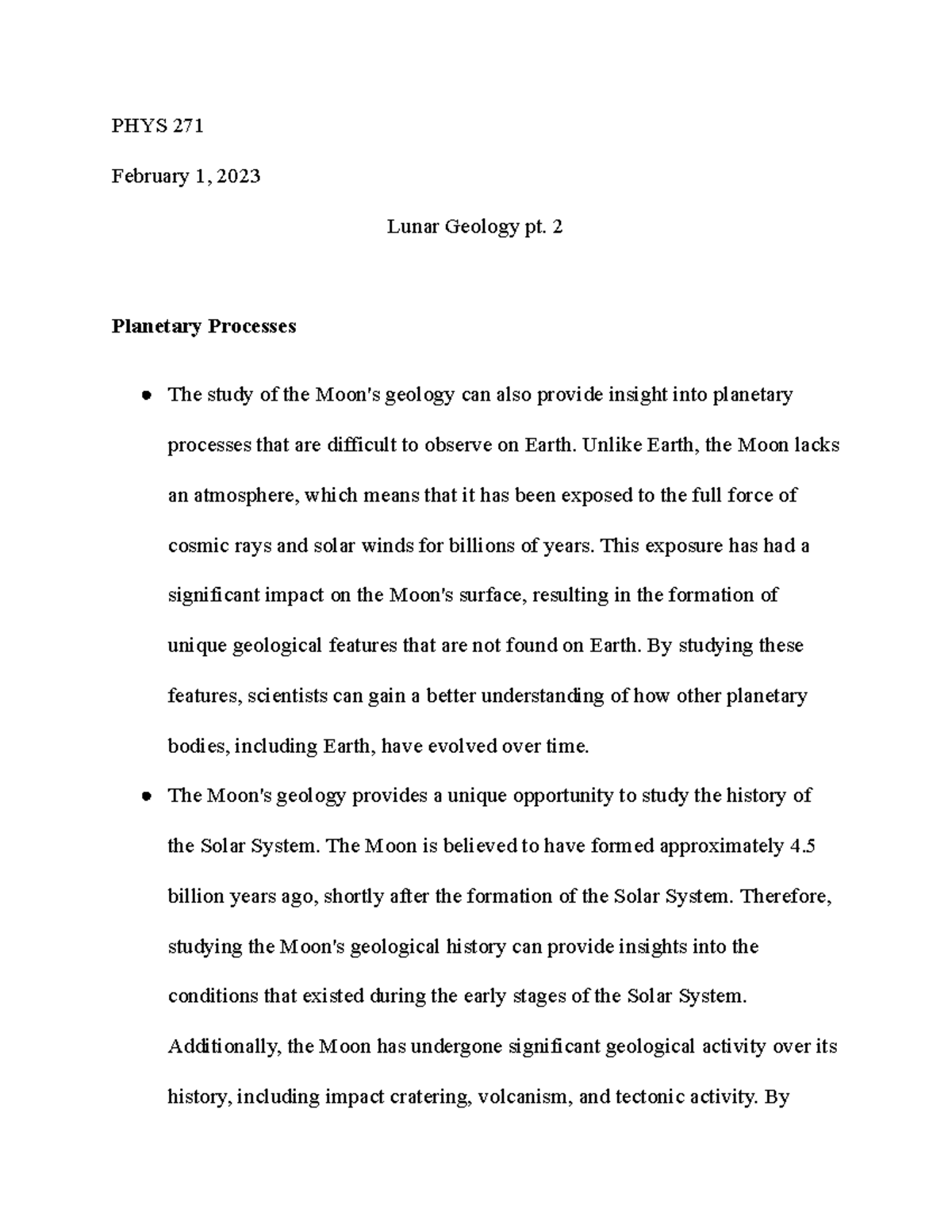 Astronomy - Lunar Geology pt. 2 - PHYS 271 February 1, 2023 Lunar ...