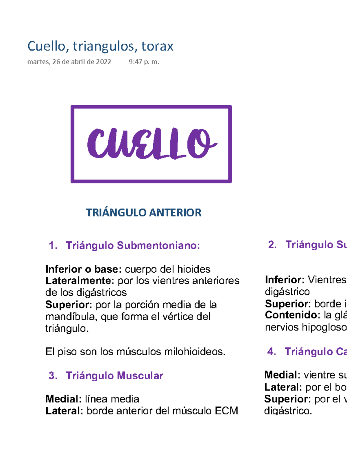 Cuello, triangulos, torax - TRIÁNGULO ANTERIOR 1. Triángulo ...