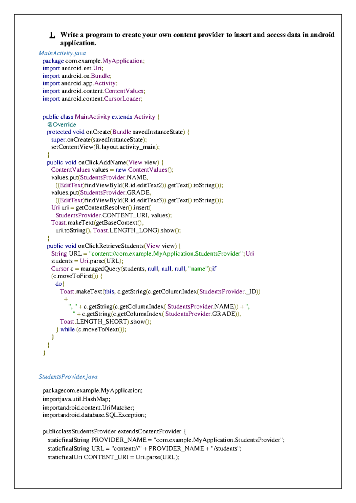 Pr19 - Hdjdi - 1. Write a program to create your own content provider ...