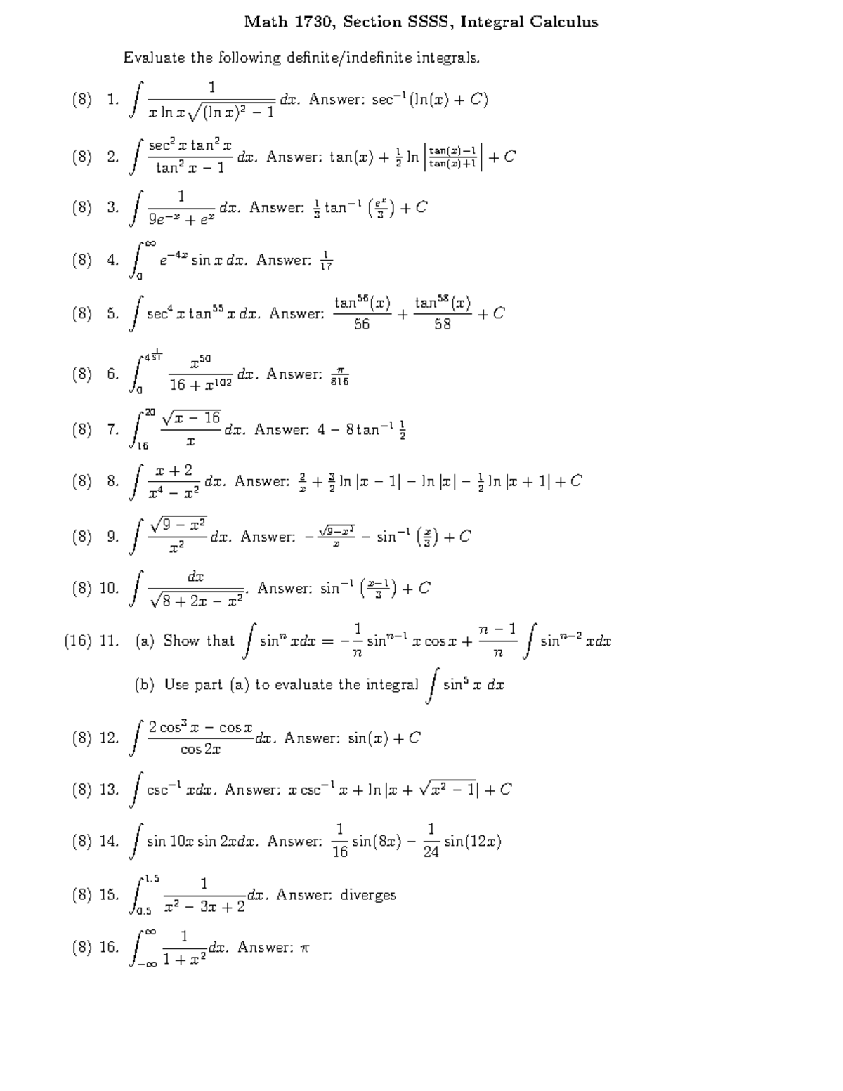 Practice for midterm - Math 1730, Section SSSS, Integral Calculus Evaluate the following - Studocu
