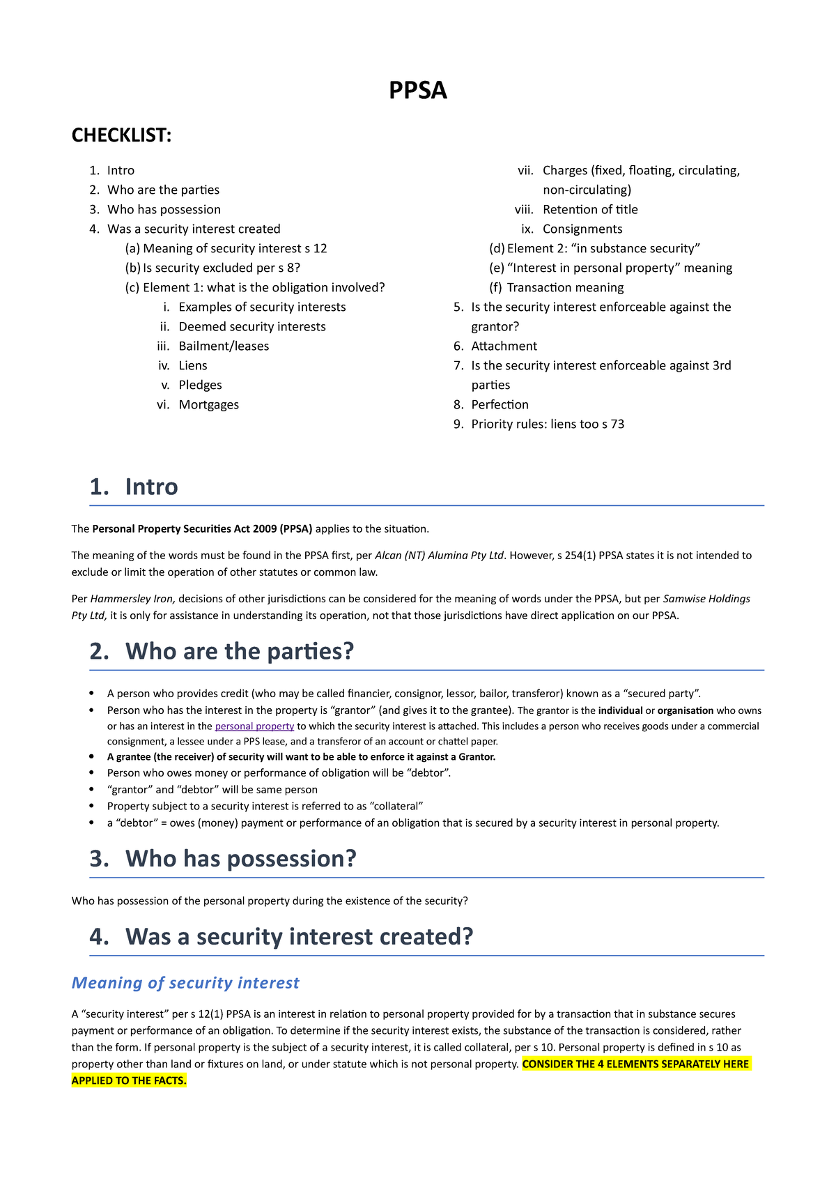 PPSA - EXAM NOTES - PPSA CHECKLIST: 1. Intro 2. Who are the parties 3 ...