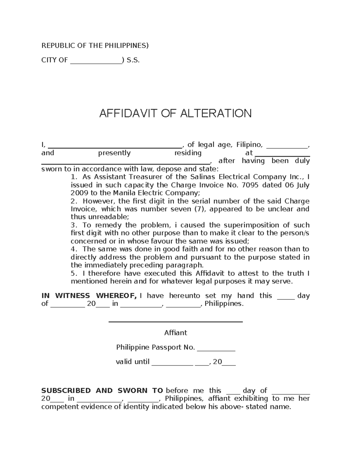 Affidavit OF Alteration - REPUBLIC OF THE PHILIPPINES) CITY OF ...