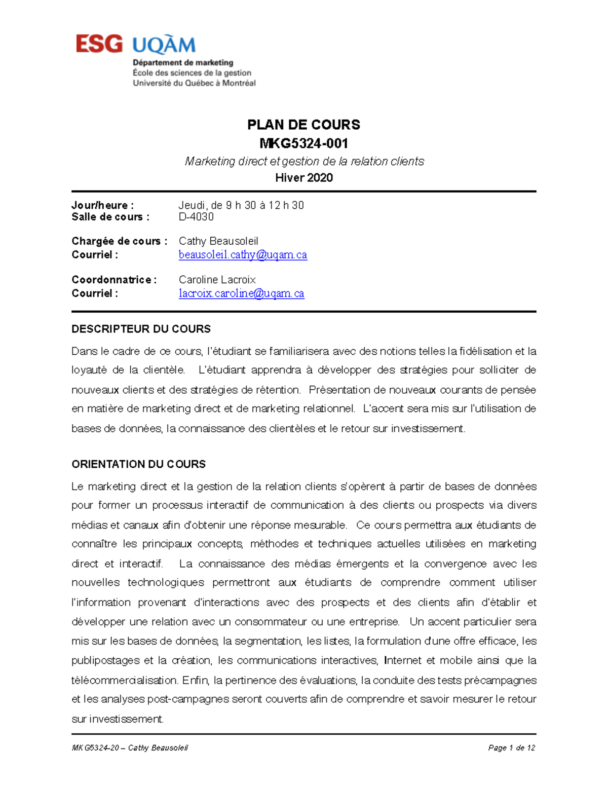 MKG5324 Plan de cours - Warning: TT: undefined function: 32 PLAN DE COURS MKG5324- Marketing ...