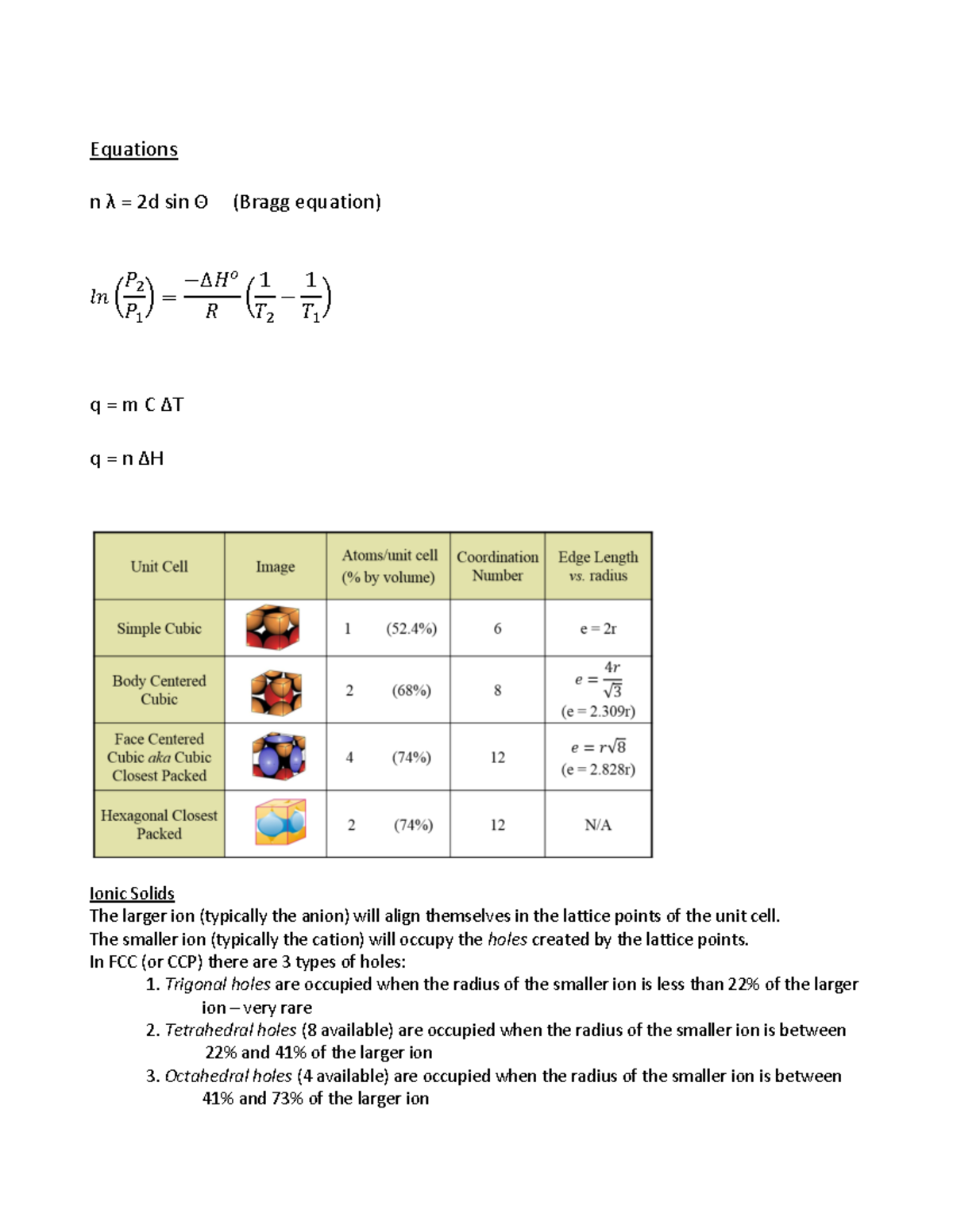 Unit Cell Radi and Density Sheet - Equations n λ с Ϯd sin Θ (Bragg ...