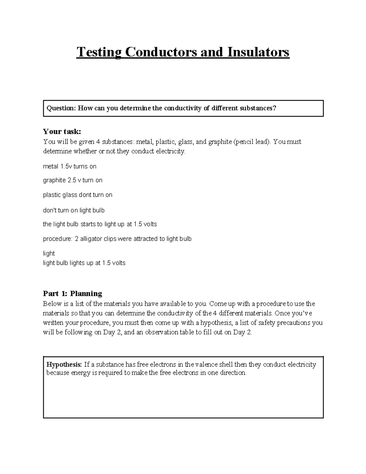 Testing Conductors and Insulators - Testing Conductors and Insulators ...