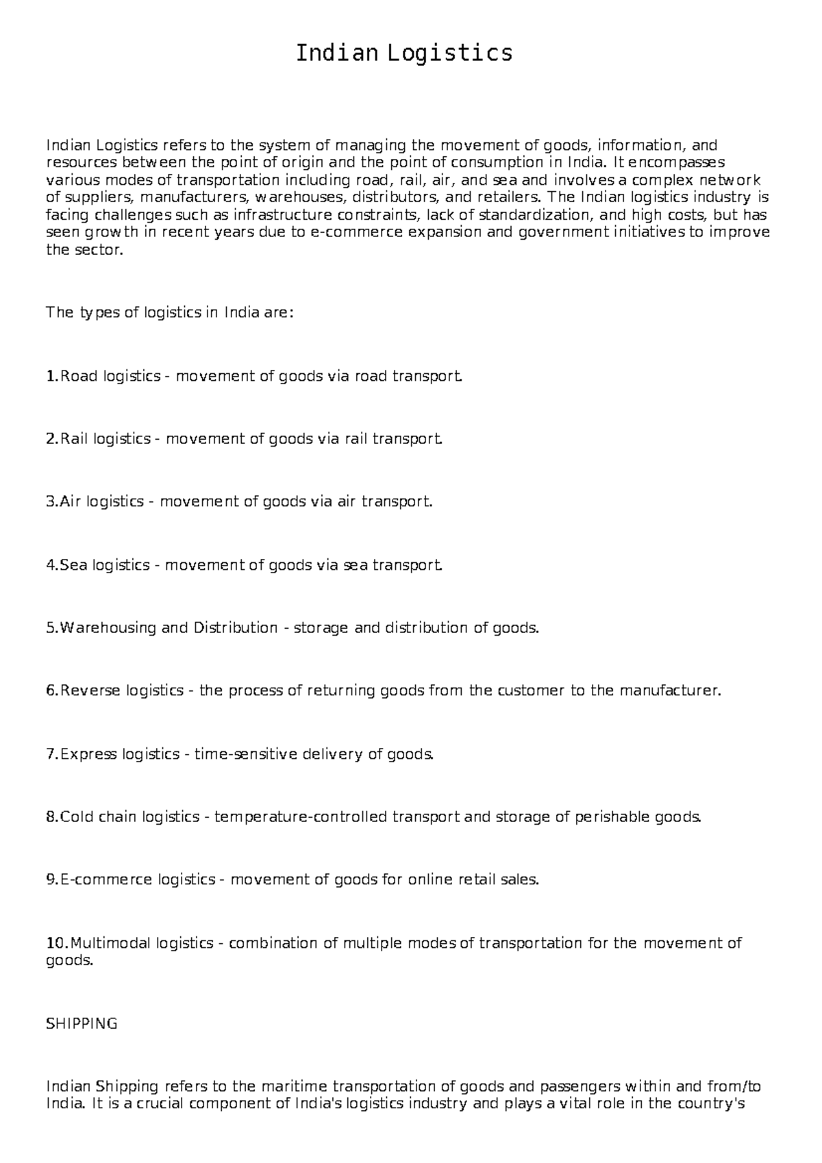 Indian logistics - Indian Logistics refers to the system of managing ...