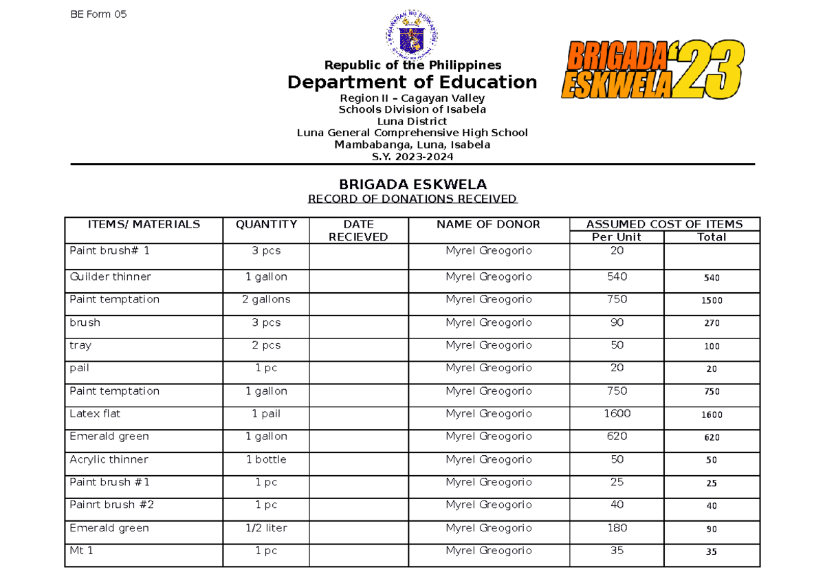 BE-Form-5- Record-OF- Donations- Received - BE Form 05 Republic of the ...