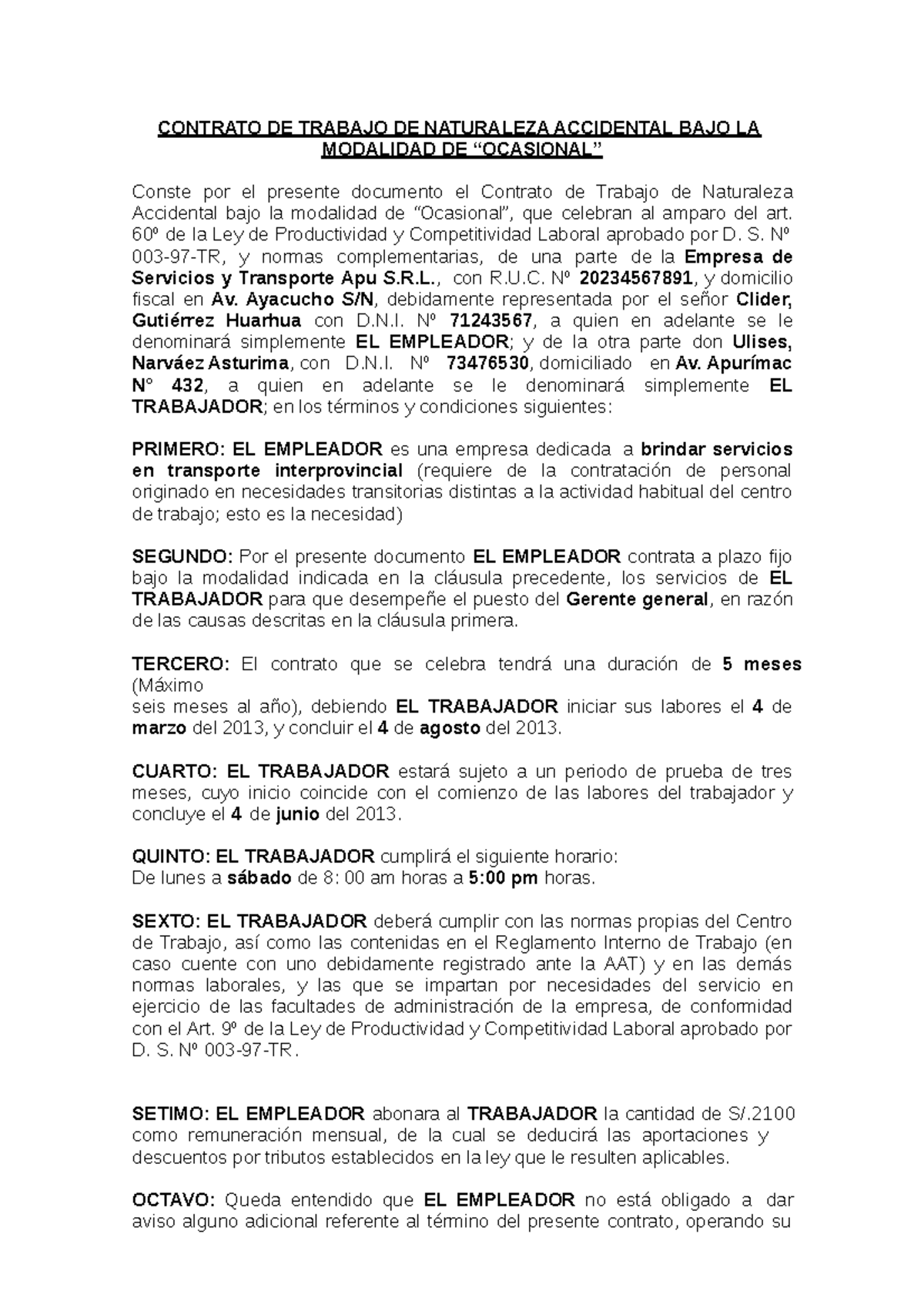 Contrato Accidental Ocasional - CONTRATO DE TRABAJO DE NATURALEZA ACCIDENTAL BAJO LA MODALIDAD ...