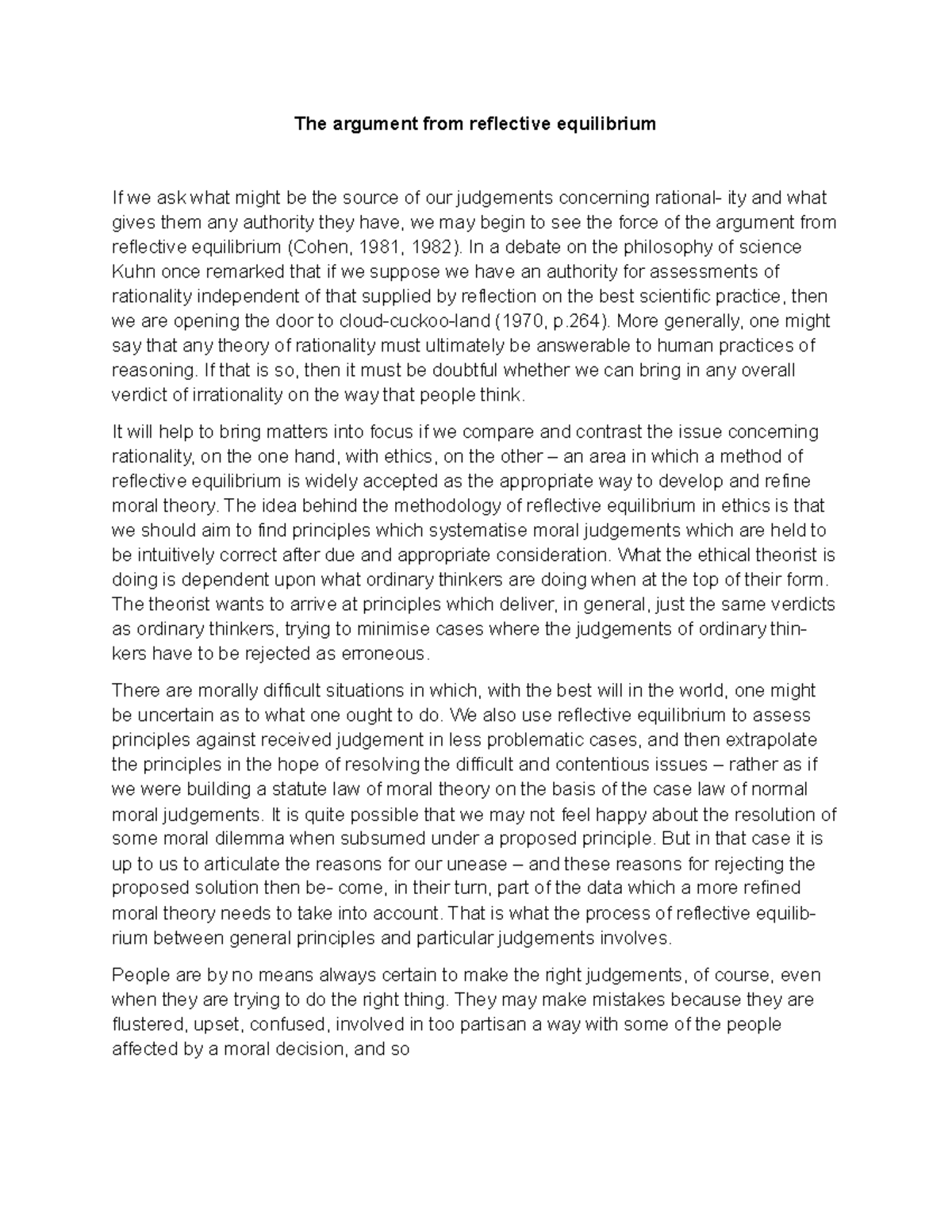 The argument from reflective equilibrium - In a debate on the ...