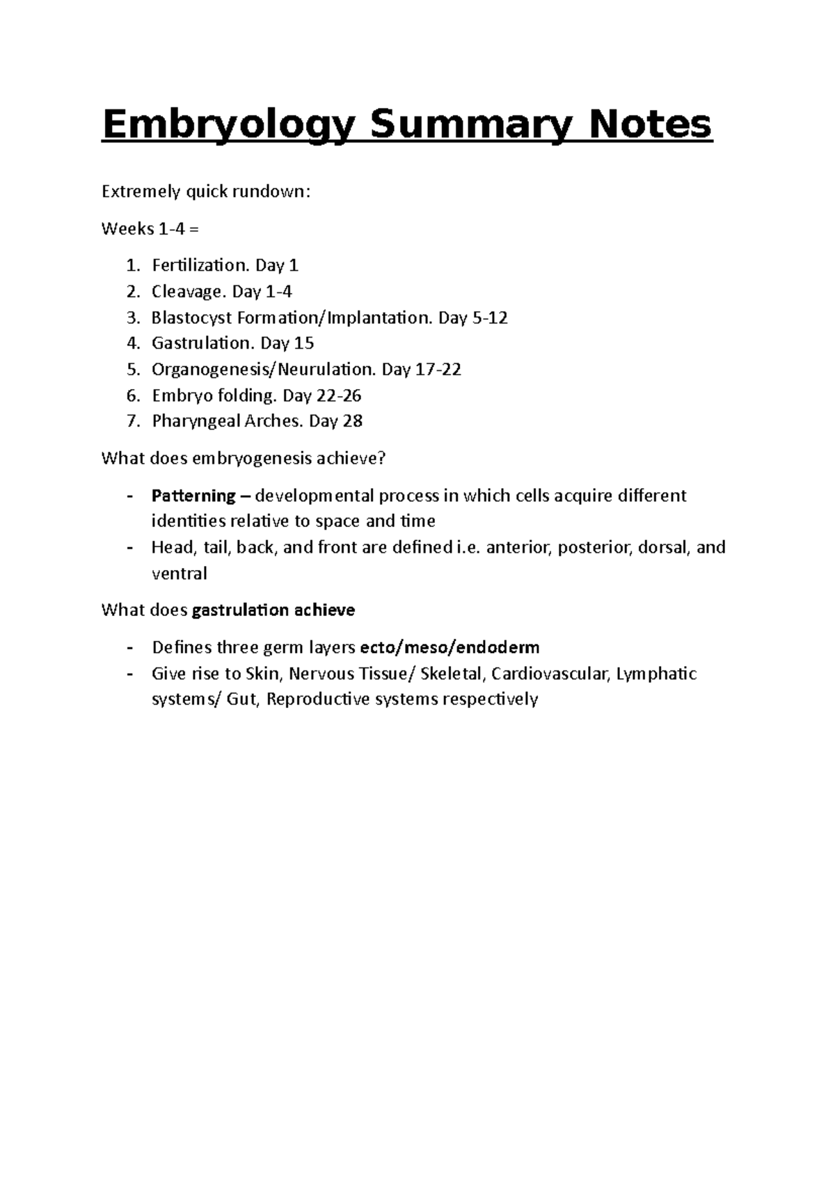 Embryology Summary Notes - Embryology Summary Notes Extremely quick ...