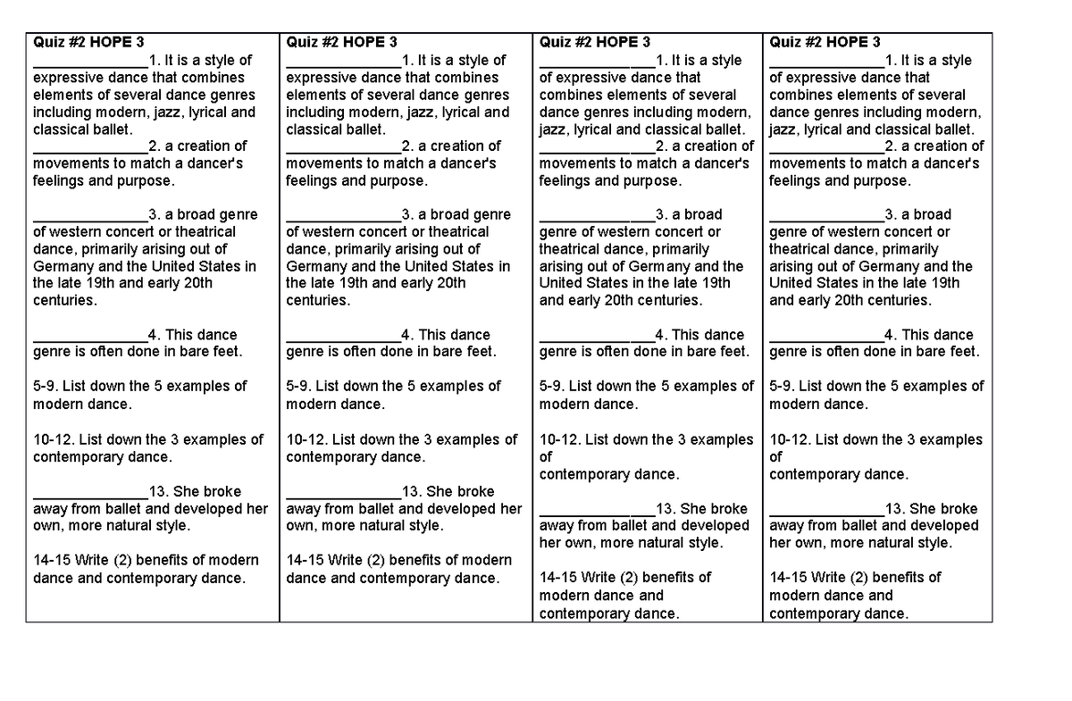 Quiz 2 - QUIZ 2 - Quiz #2 HOPE 3 ______________1. It is a style of ...