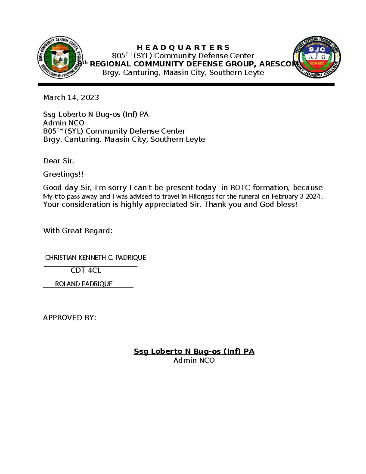 ROTC- Excuse- Letter - H E A D Q U A R T E R S 805 TH (SYL) Community ...