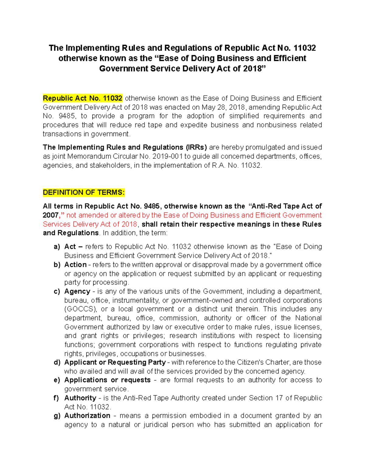 Ease of Doing Business and Efficient Government Service Delivery Act of ...