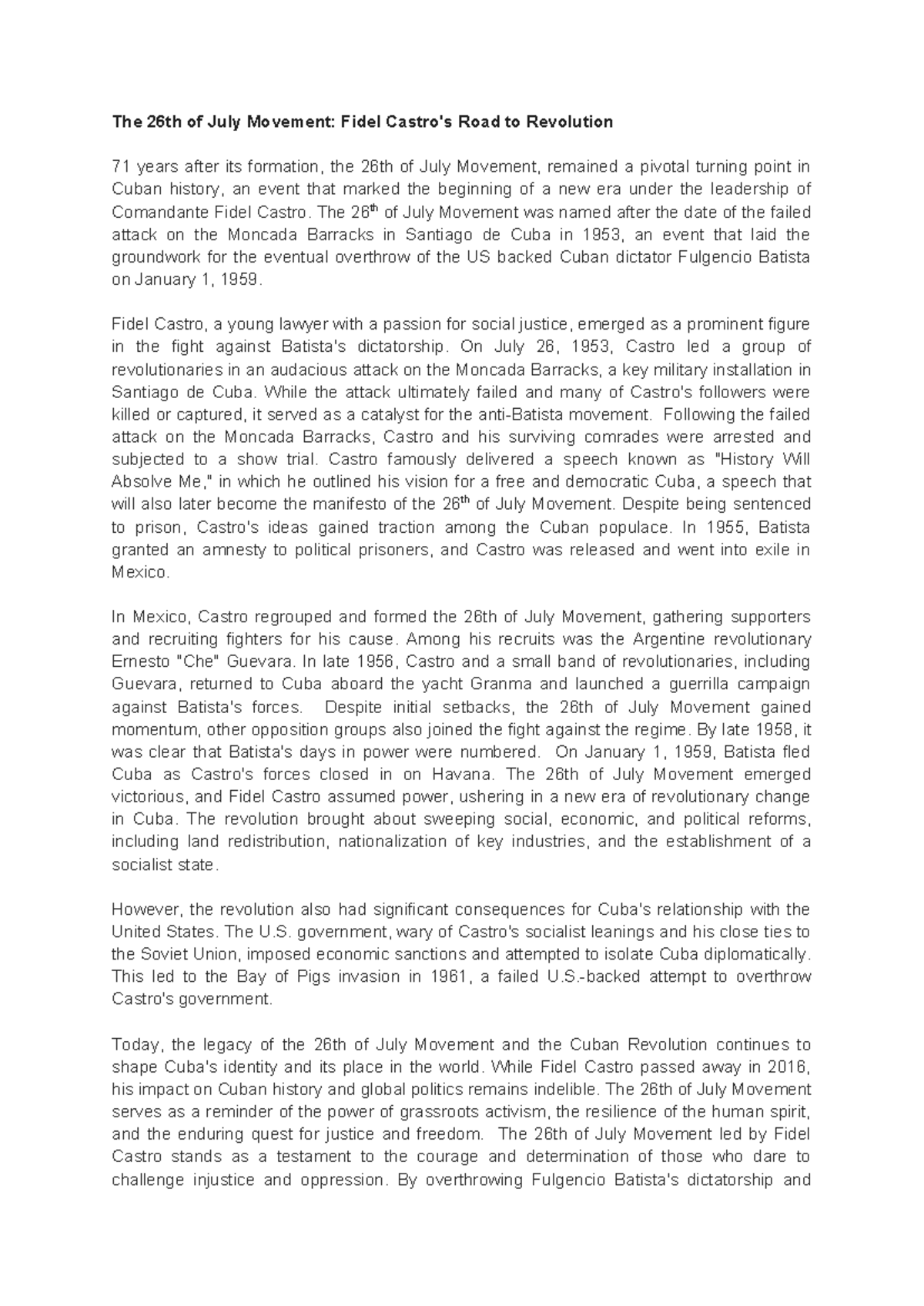 M 26 7 - Notes - The 26th of July Movement: Fidel Castro's Road to ...