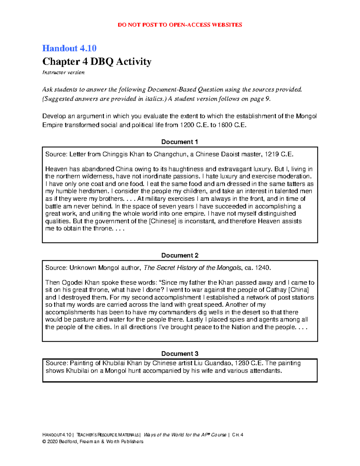 Mongol 4.10 Chapter 4 DBQ Activity - H ANDOUT 4 | TEACHER’ S R ESOURCE MATERIALS | Ways of the ...