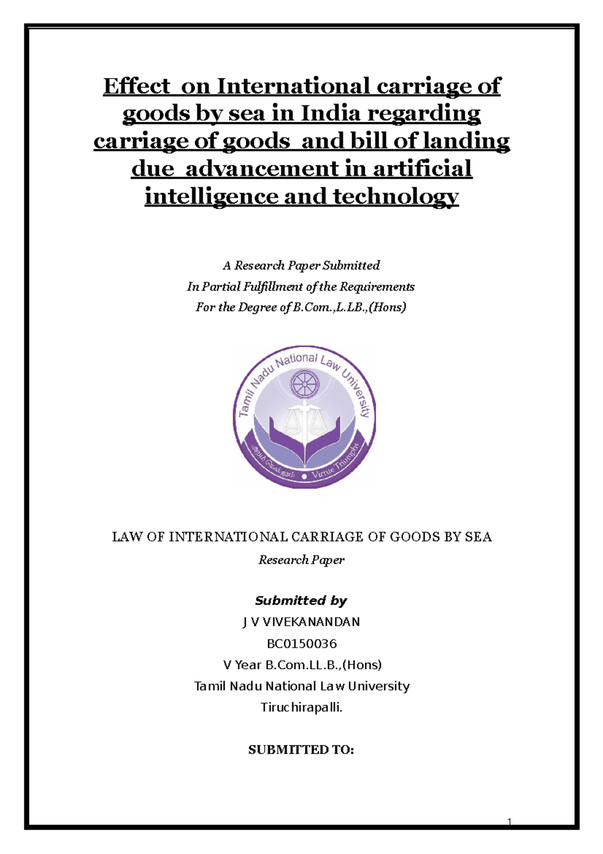 BC0150036 LAW OF International Carriage of goods by sea - Effect on ...