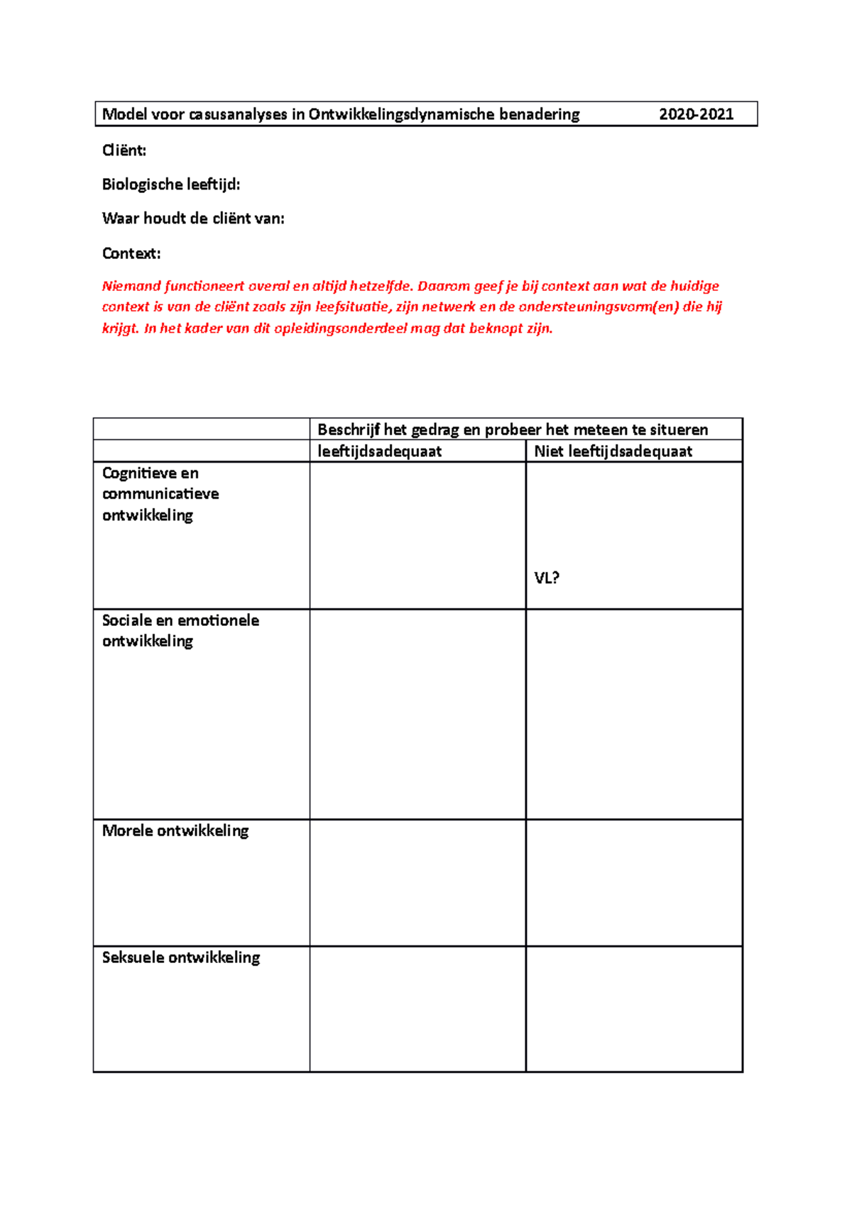 Model voor casusanalyse ontwikkelingsdynamische benadering A4 - Model ...