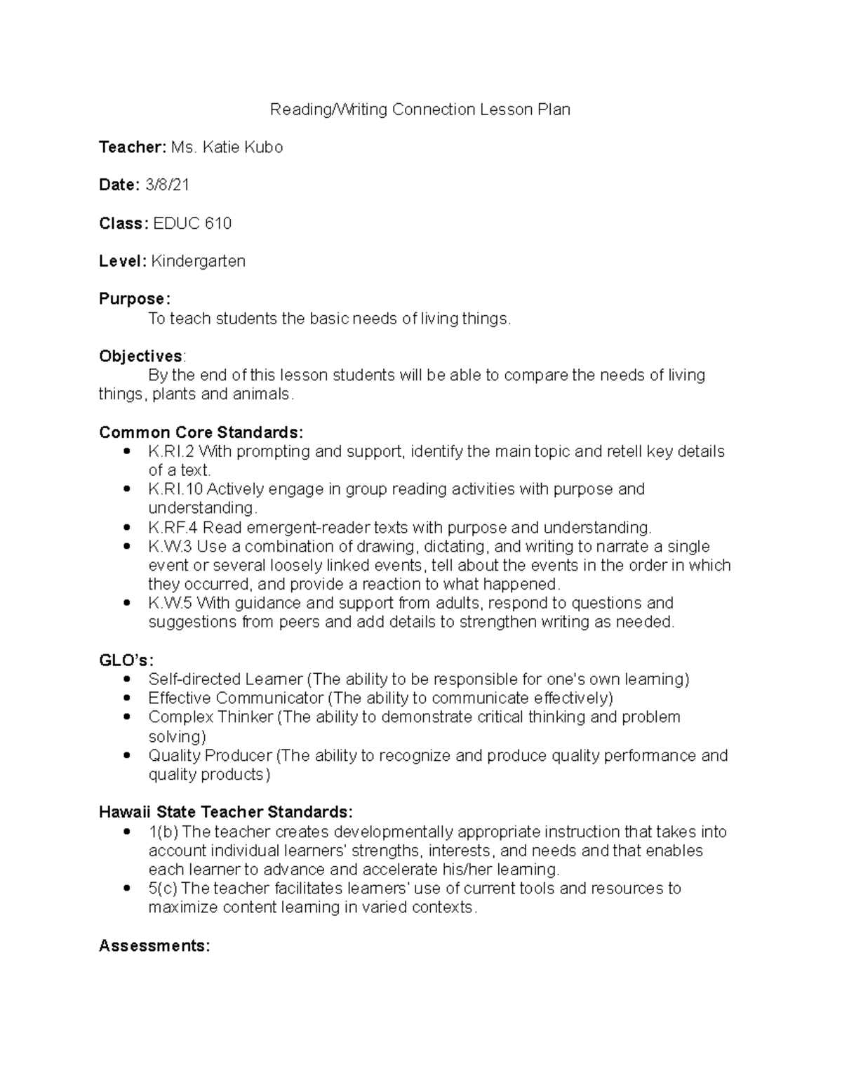 Reading Writing Connection Lesson Plan - Reading/Writing Connection ...