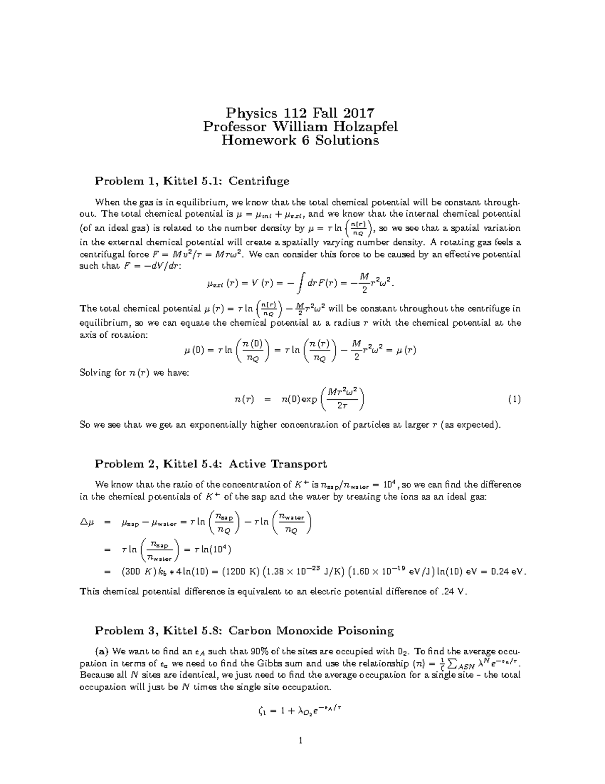 PS6Sol f17 - Physics 112 Fall 2017 Professor William Holzapfel Homework 6 Solutions Problem 1 ...