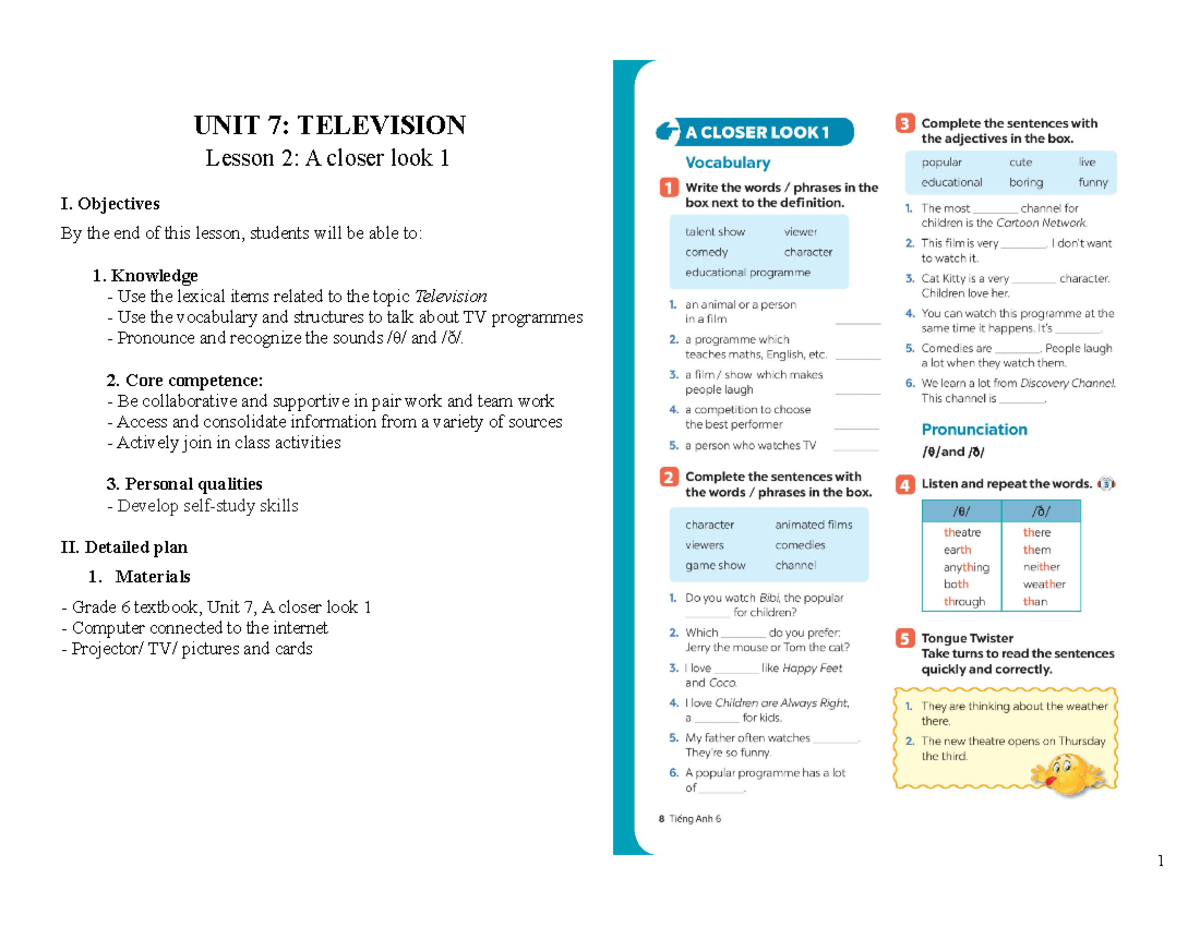 [ Lesson PLAN] G6 UNIT 7 Television - UNIT 7: TELEVISION Lesson 2: A ...