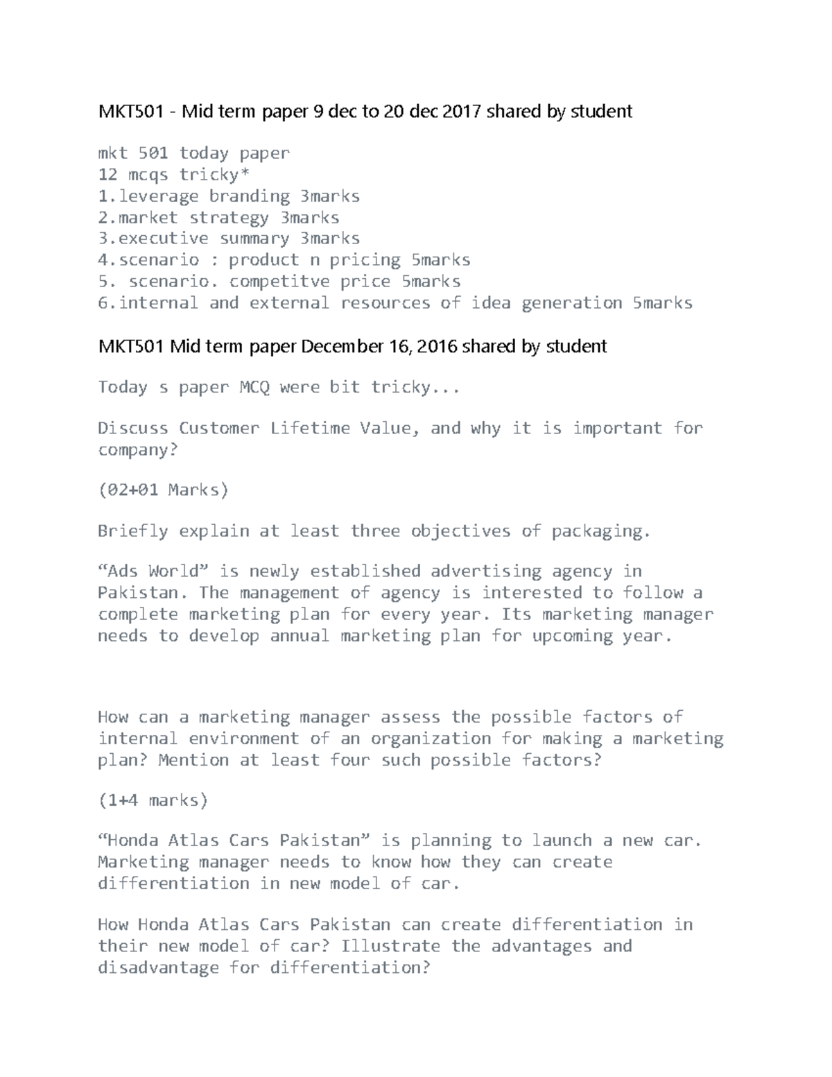 Midterm-29 - past paper - MKT501 - Mid term paper 9 dec to 20 dec 2017 ...