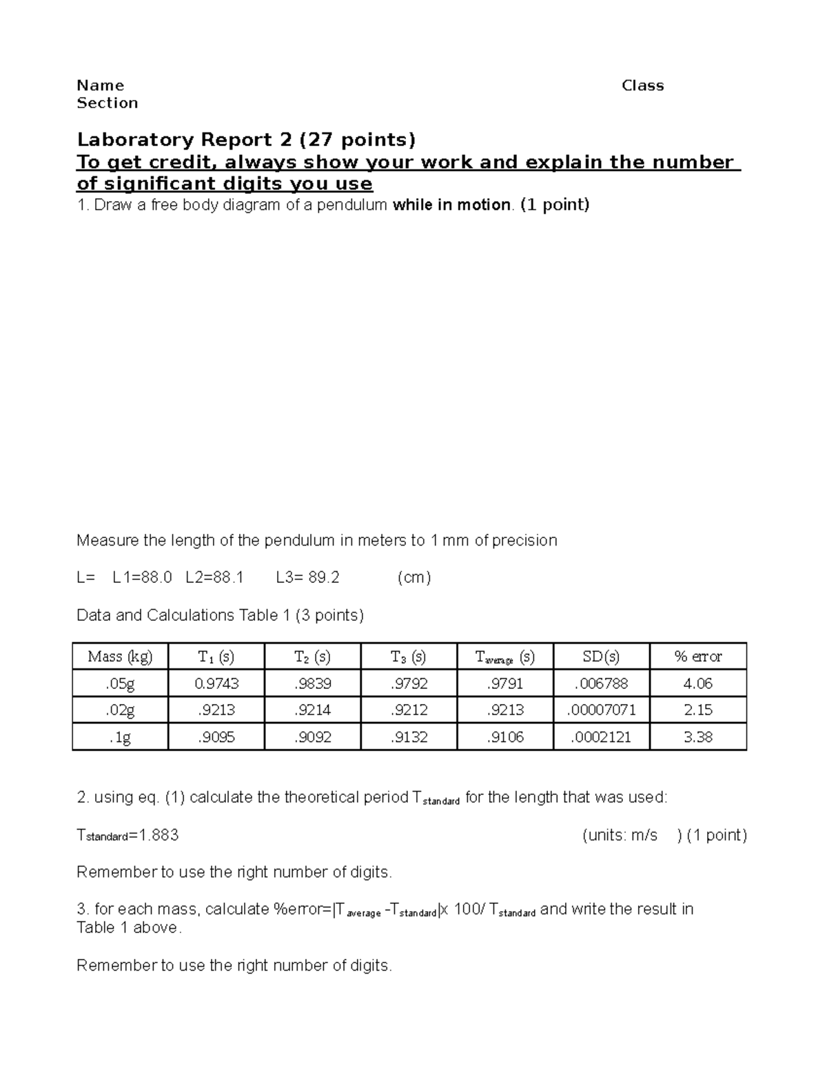 Physics lab report 2 - Name Class Section Laboratory Report 2 (27 ...