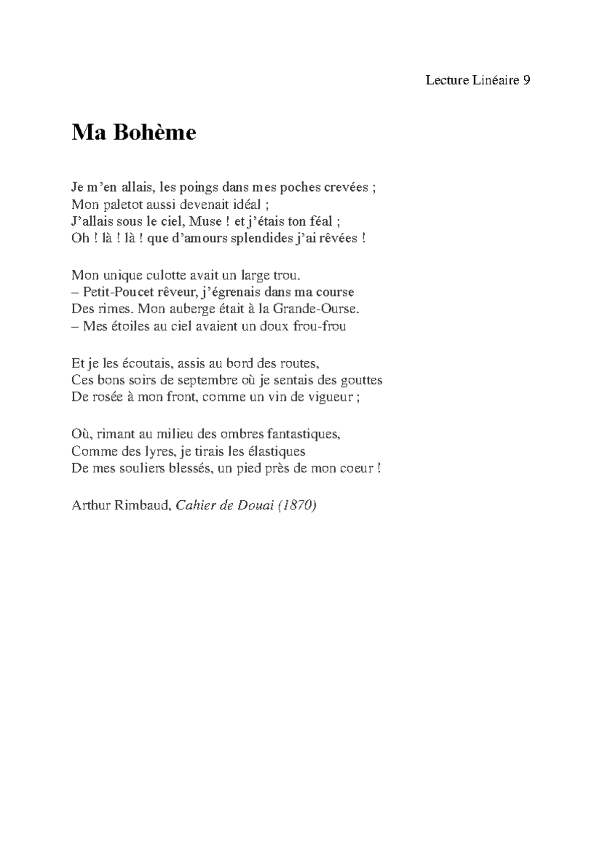 Ma-boheme-ll9 - Fiche - Lecture Linéaire 9 Ma Bohème Je m’en allais, les poings dans mes poches ...
