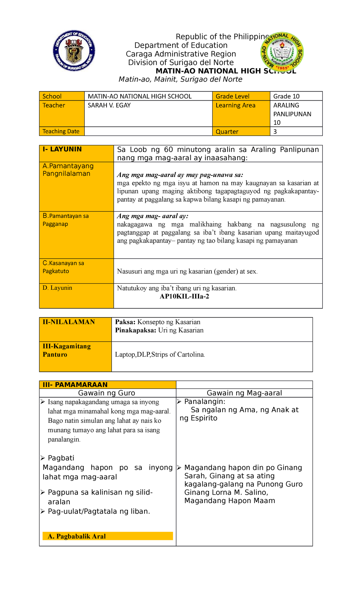 Lesson-PLAN- Araling-PAN.-10 - Republic of the Philippines Department ...