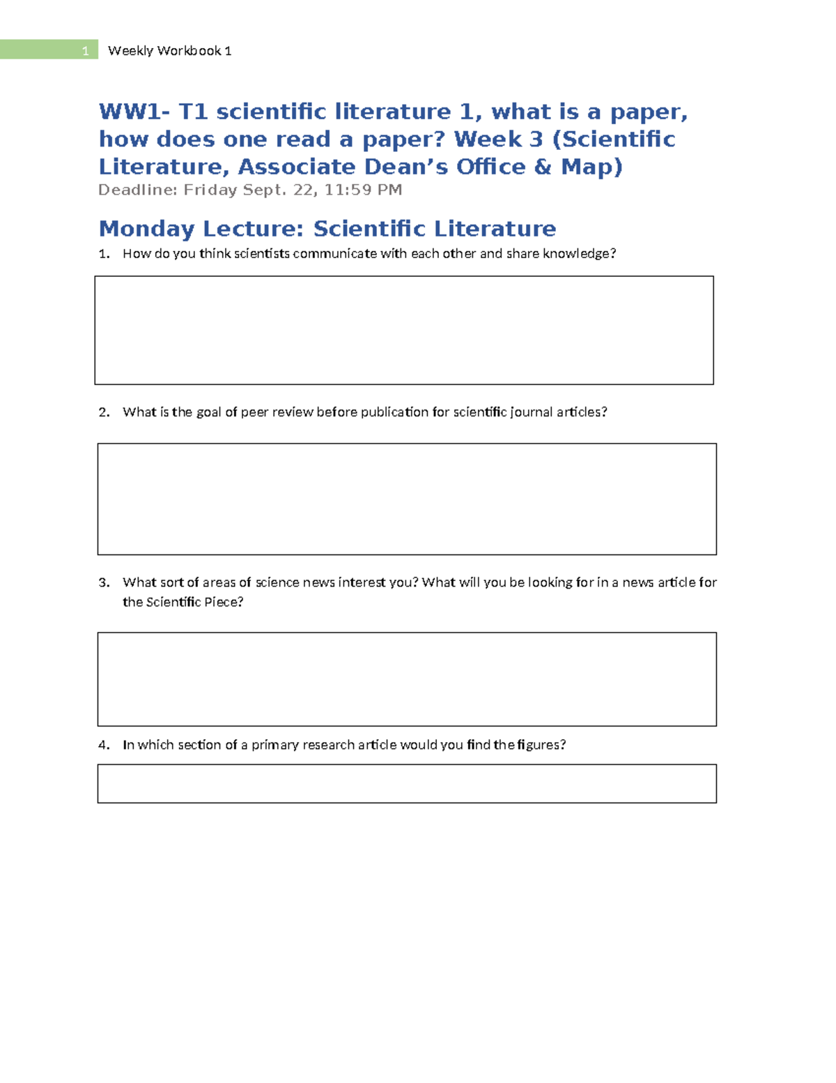 WW1- week 3 (Scientific literature, AOD) - 1 Weekly Workbook 1 WW1- T1 ...