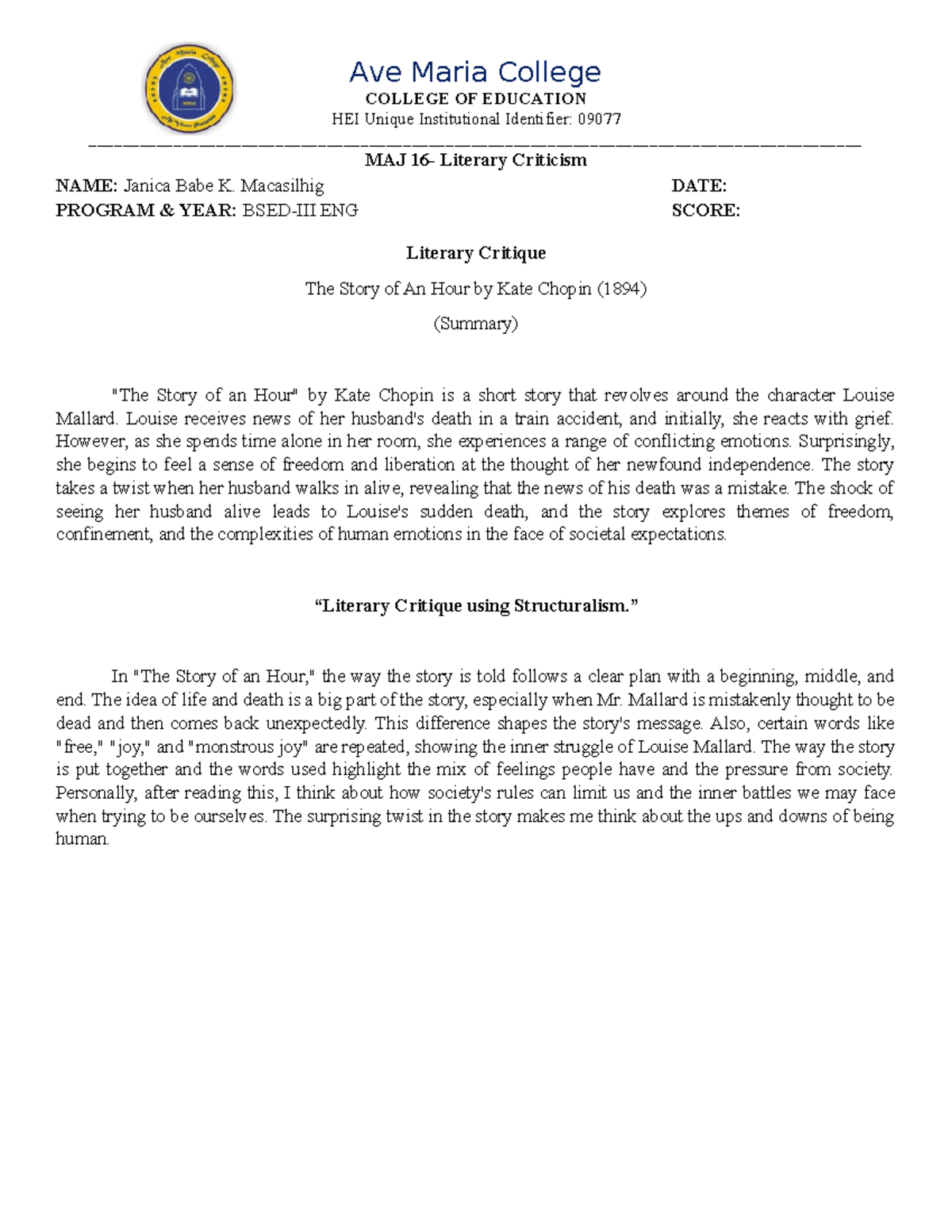 Literary Critique(the story of an hour by Kate Chopin) - Ave Maria ...
