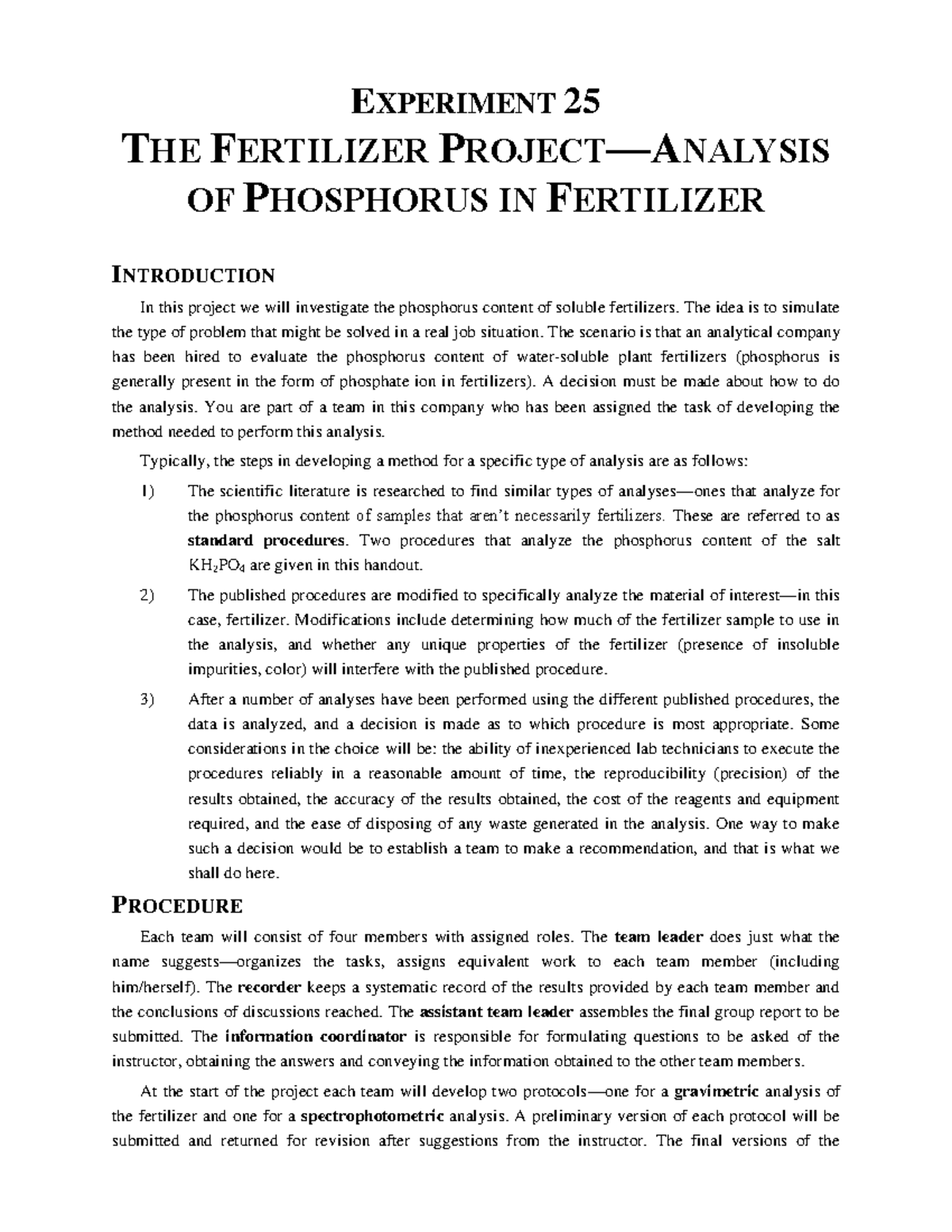 Chemfertilizer project - EXPERIMENT 25 THE FERTILIZER PROJECT—ANALYSIS ...