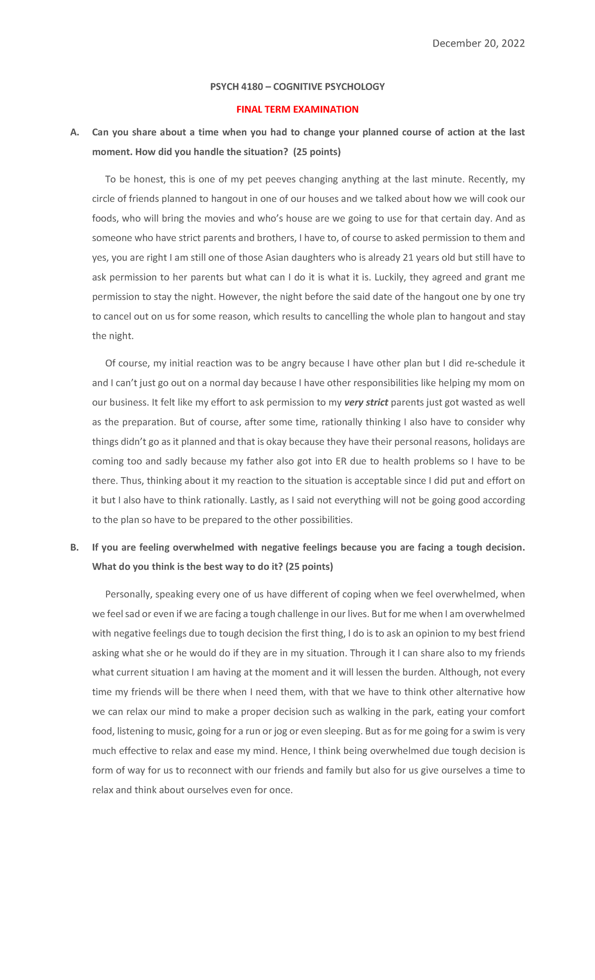 Final TERM EXAM - Essay of Experiences - December 20, 2022 PSYCH 4180 ...