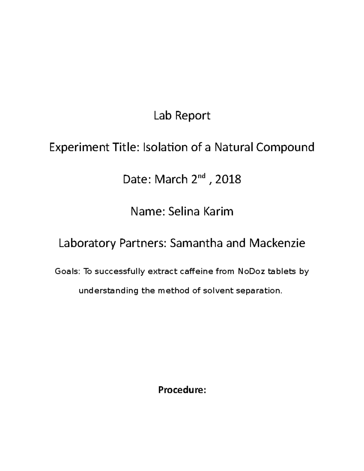 Lab Report isolation of natural product - Lab Report Experiment Title ...