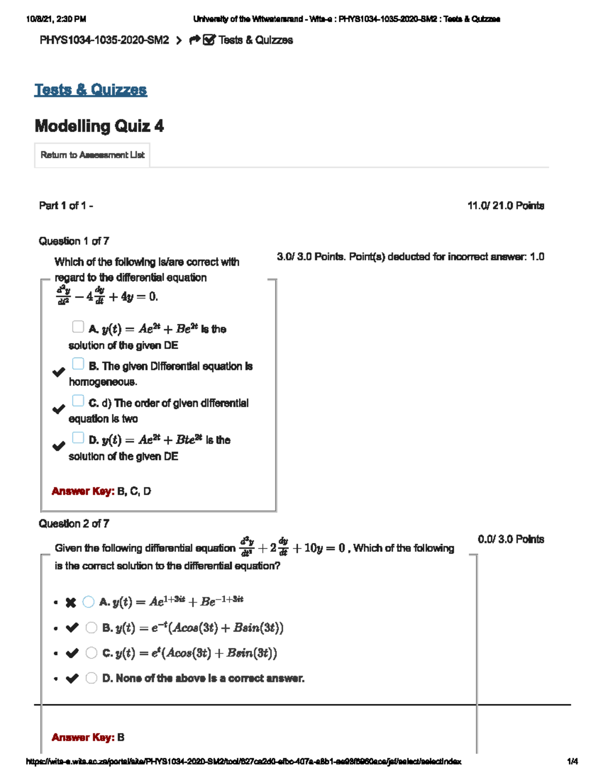 mathematical Modelling Quiz 4 year 2020 - PHYS1035 - Wits University - Studocu