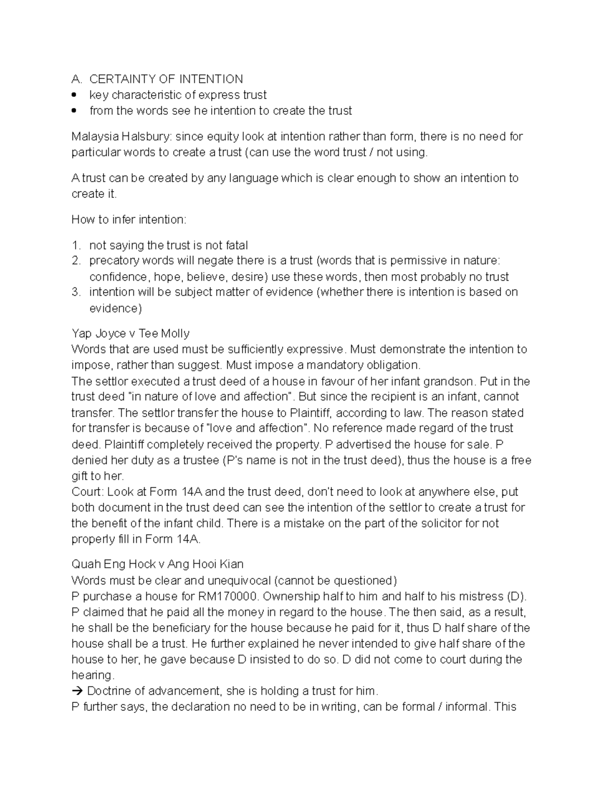 Certainty OF Intention - A. CERTAINTY OF INTENTION key characteristic of express trust from the ...