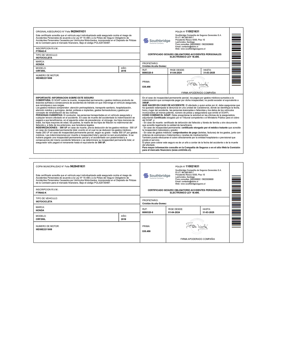 Soap 110021631 - sdasdas - POLIZA N° 110021631 Southbridge Compañía de ...