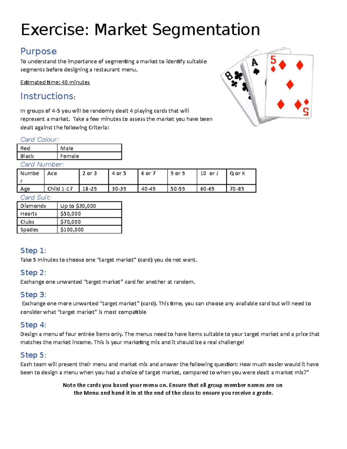 Chapter 6 - Exercise - Market Segmentation Game Final - Exercise: Market Segmentation Purpose To ...