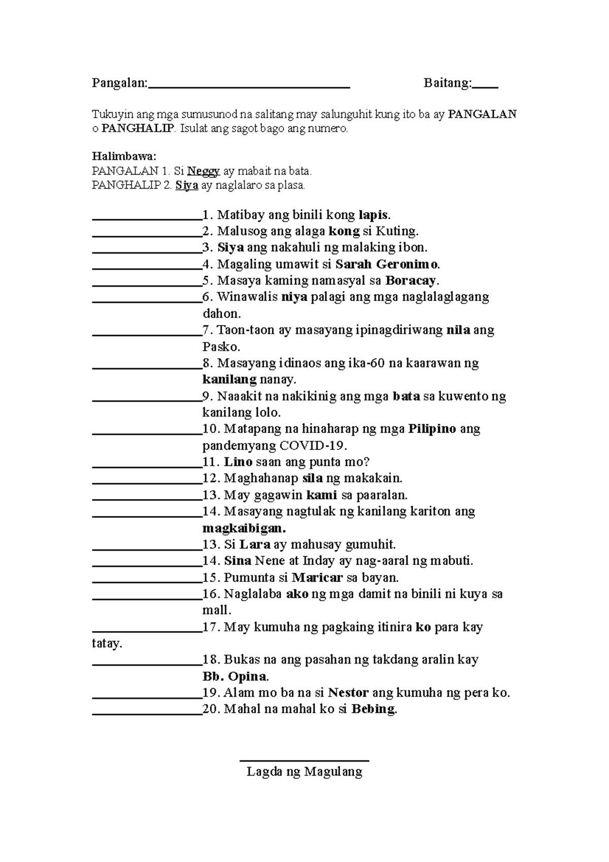 Filipino - Pangalan: Baitang: Tukuyin ang mga sumusunod na salitang may ...